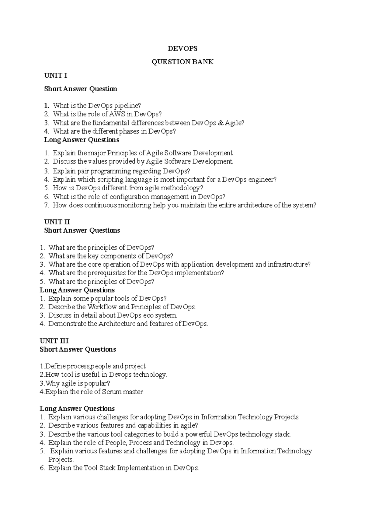 15.Unitwise Short and Long Answer Question BANK - DEVOPS QUESTION BANK UNIT I Short Answer ...