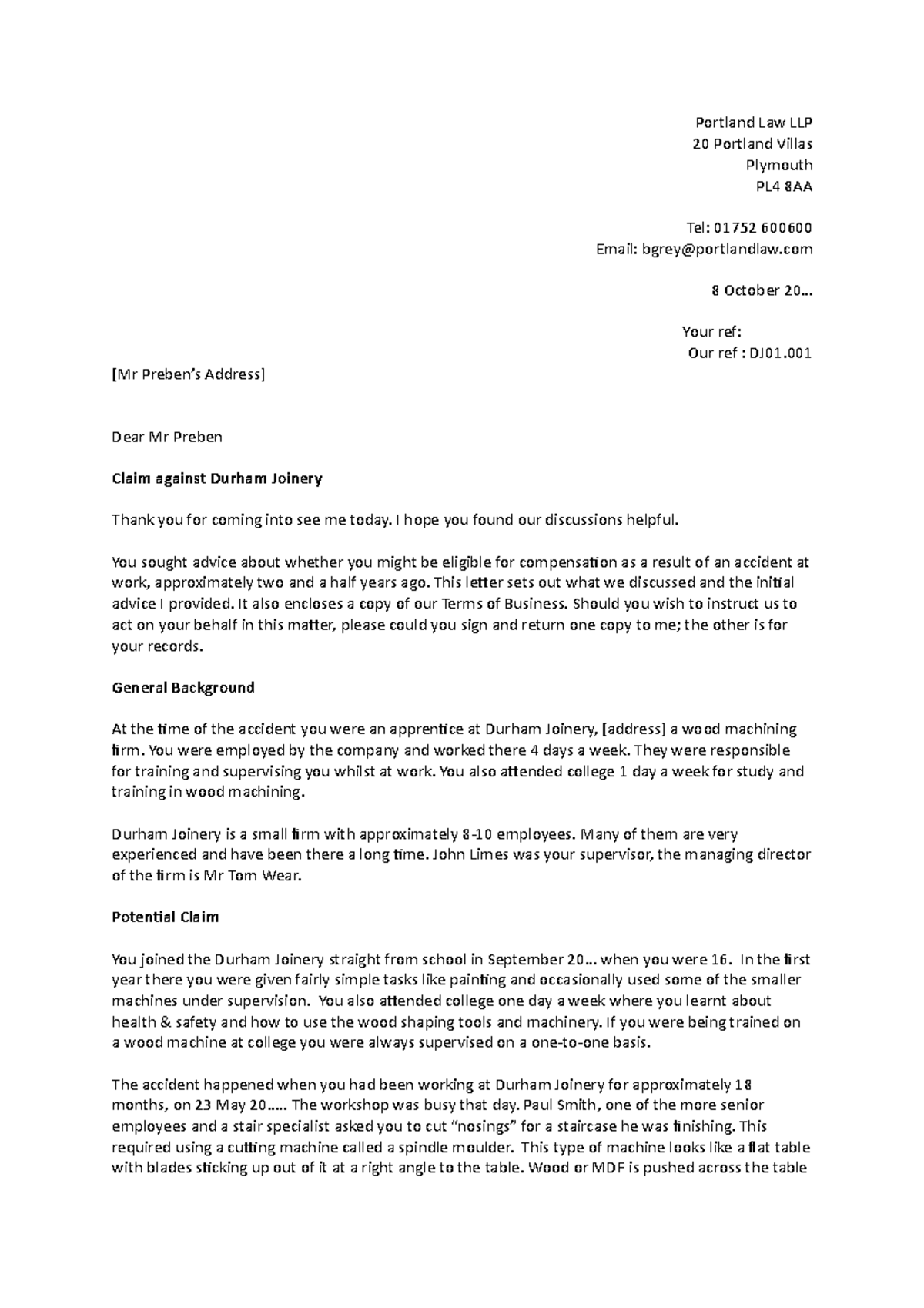 PI Client Letter eg (C) - Portland Law LLP 20 Portland Villas Plymouth ...
