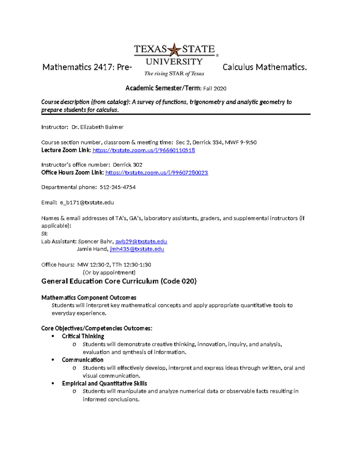 Syllabus - MATH2417 Section 002 Fall 2020 - Mathematics 2417: Pre ...