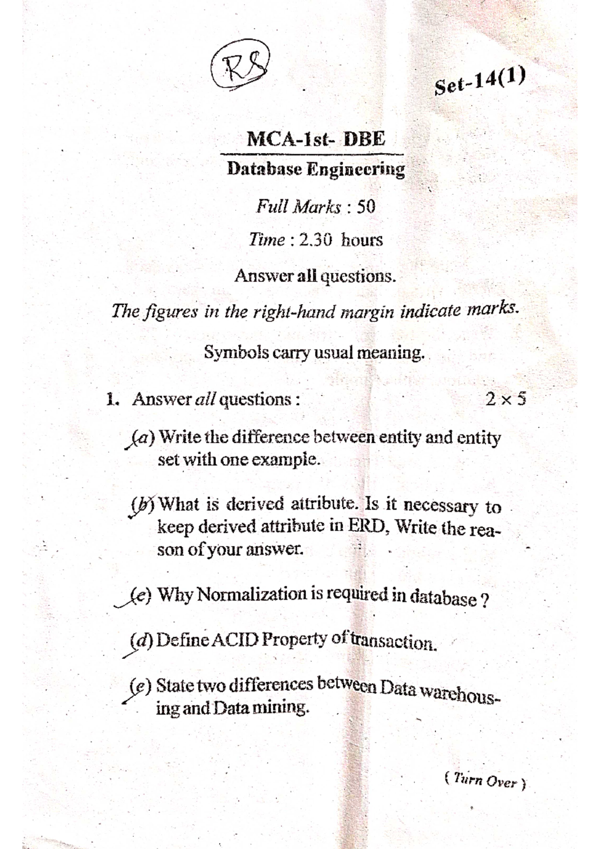 DBE - question paper - RS DBE Database Engineering Full Marks : 50 Time ...