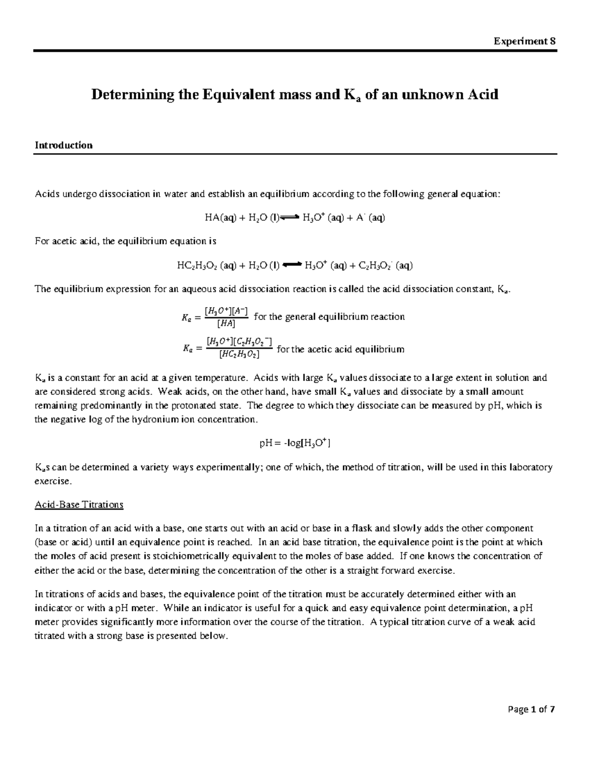 Exp. 8 - Determining the Equivalent mass and Ka of an unknown acid ...