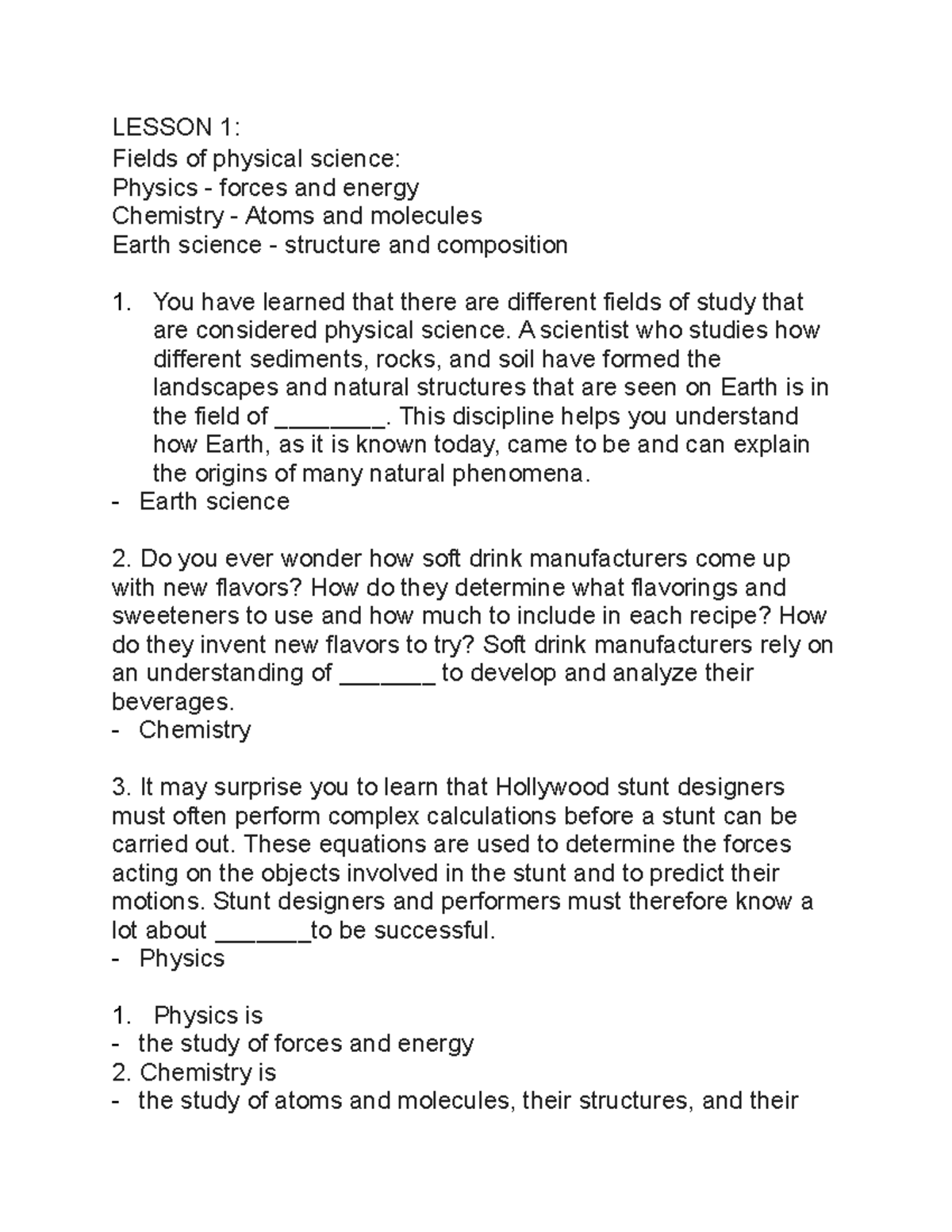 Notes lesson 1-3 - LESSON 1: Fields of physical science: Physics ...