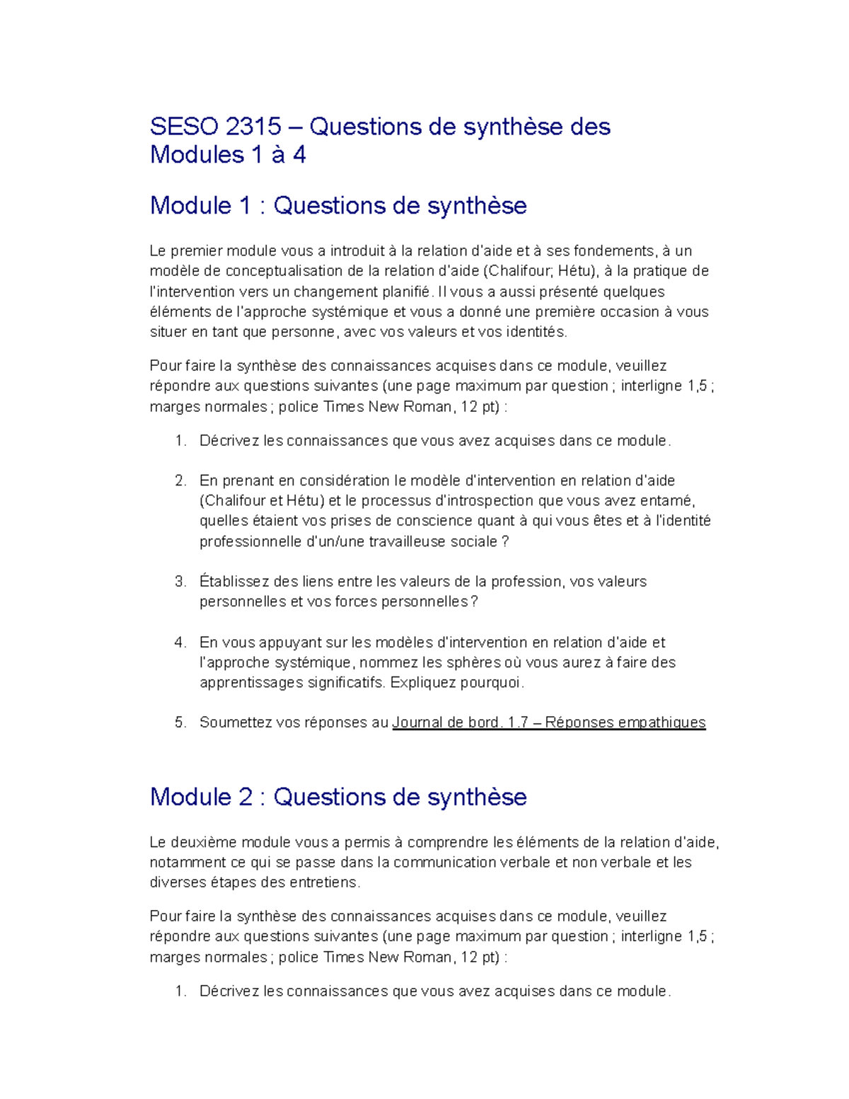 03 SESO 2315 Questions Synthese - SESO 2315 – Questions de synthèse des Modules 1 à 4 Module 1 ...