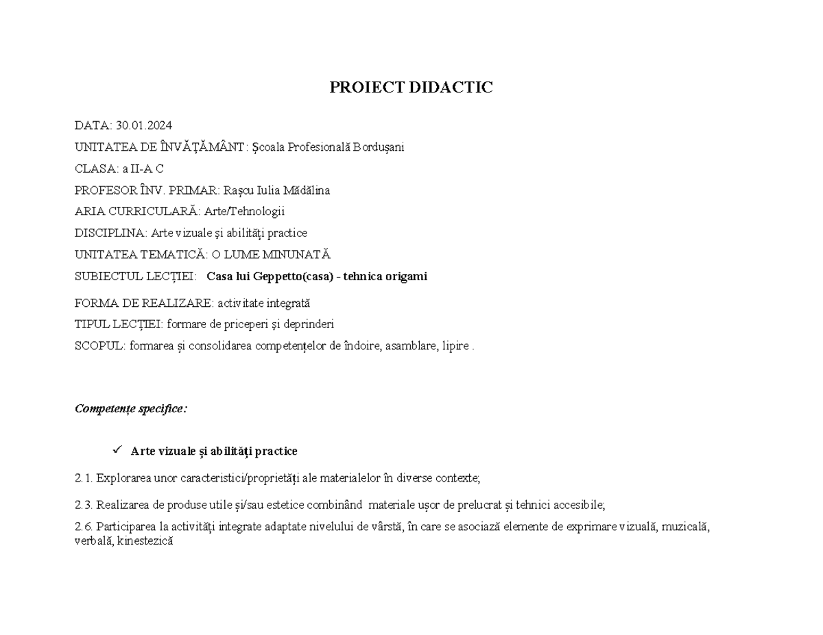 Proiect avap - PROIECT DIDACTIC DATA: 30. UNITATEA DE ÎNVǍŢǍMÂNT ...