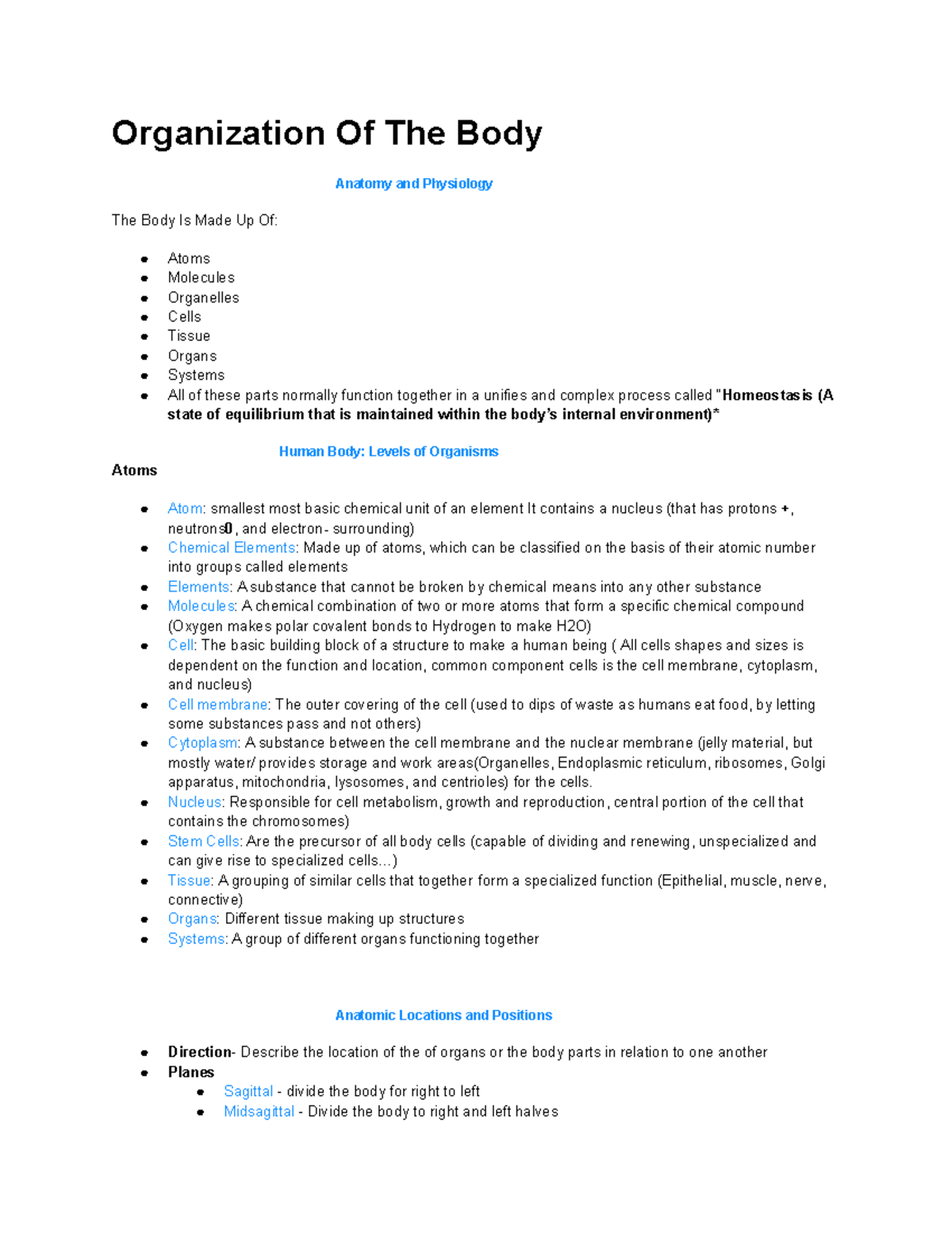 Chapter 4 - Organization Of The Body Anatomy and Physiology The Body Is ...