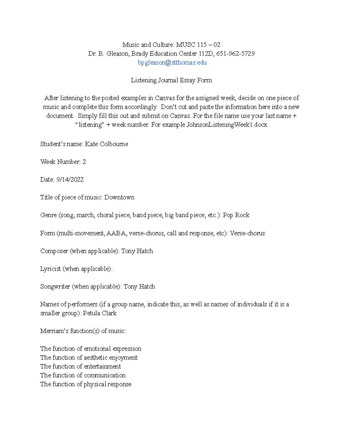 Listening Essay Week 2 - Music and Culture: MUSC 115 – 02 Dr. B ...