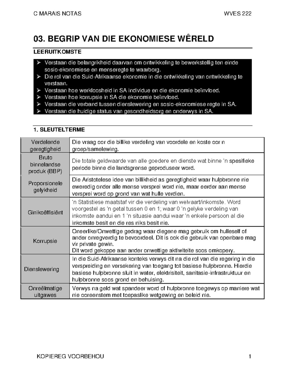 WVES 222 Notas ( Hoofstuk 3) - 03. BEGRIP VAN DIE EKONOMIESE WÊRELD ...