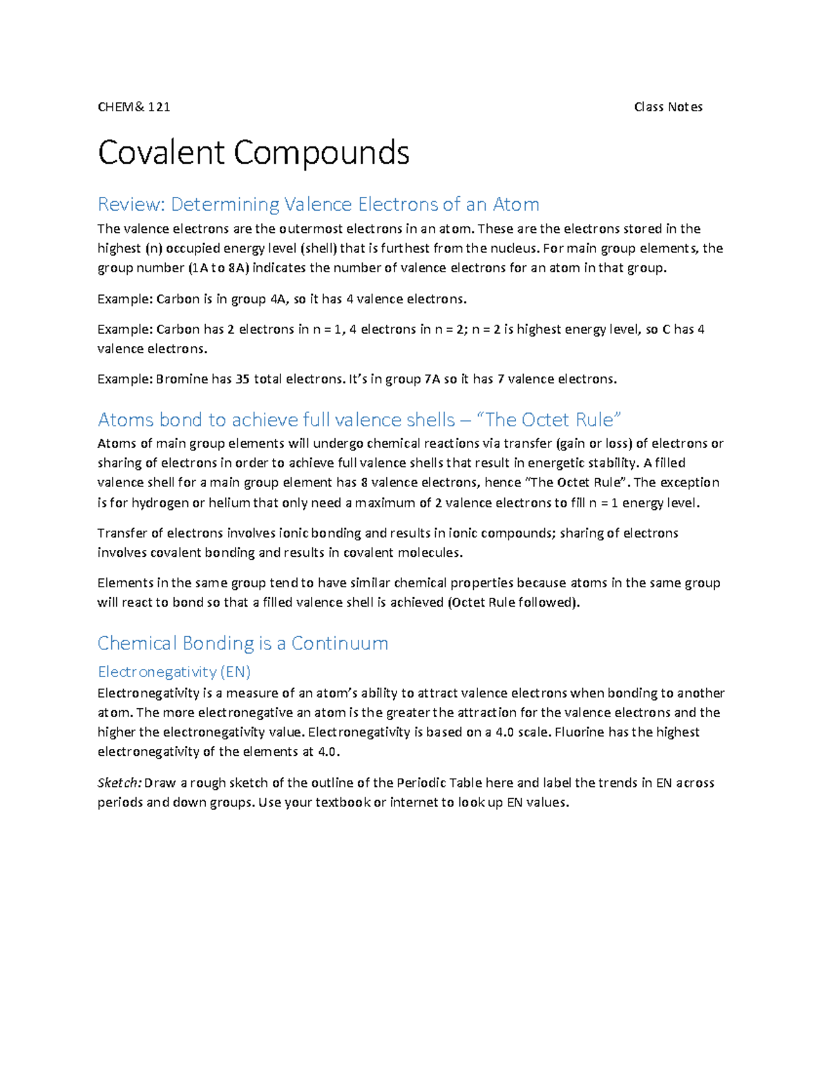 121 Notes Covalent Compounds - CHEM& 121 Class Notes Covalent Compounds ...