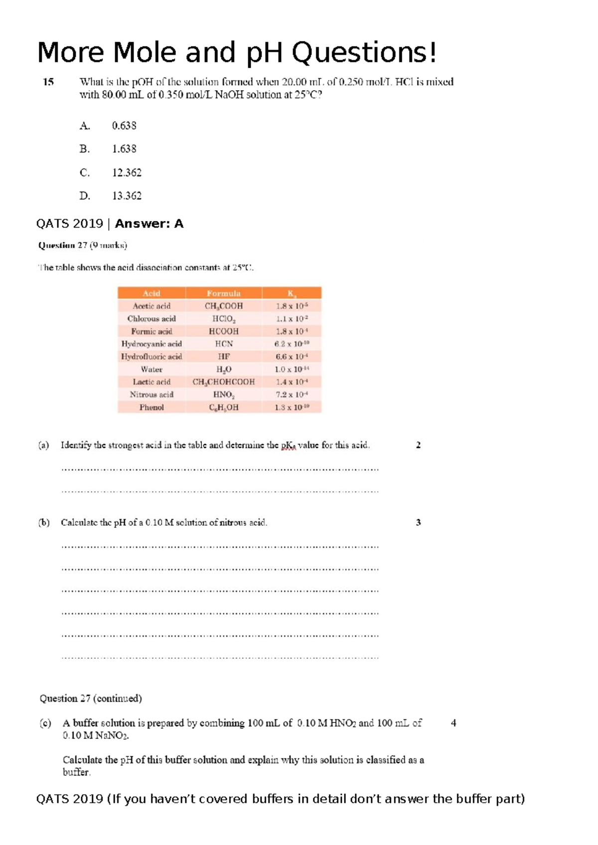 More Mole and p H Questions - More Mole and pH Questions! QATS 2019 ...