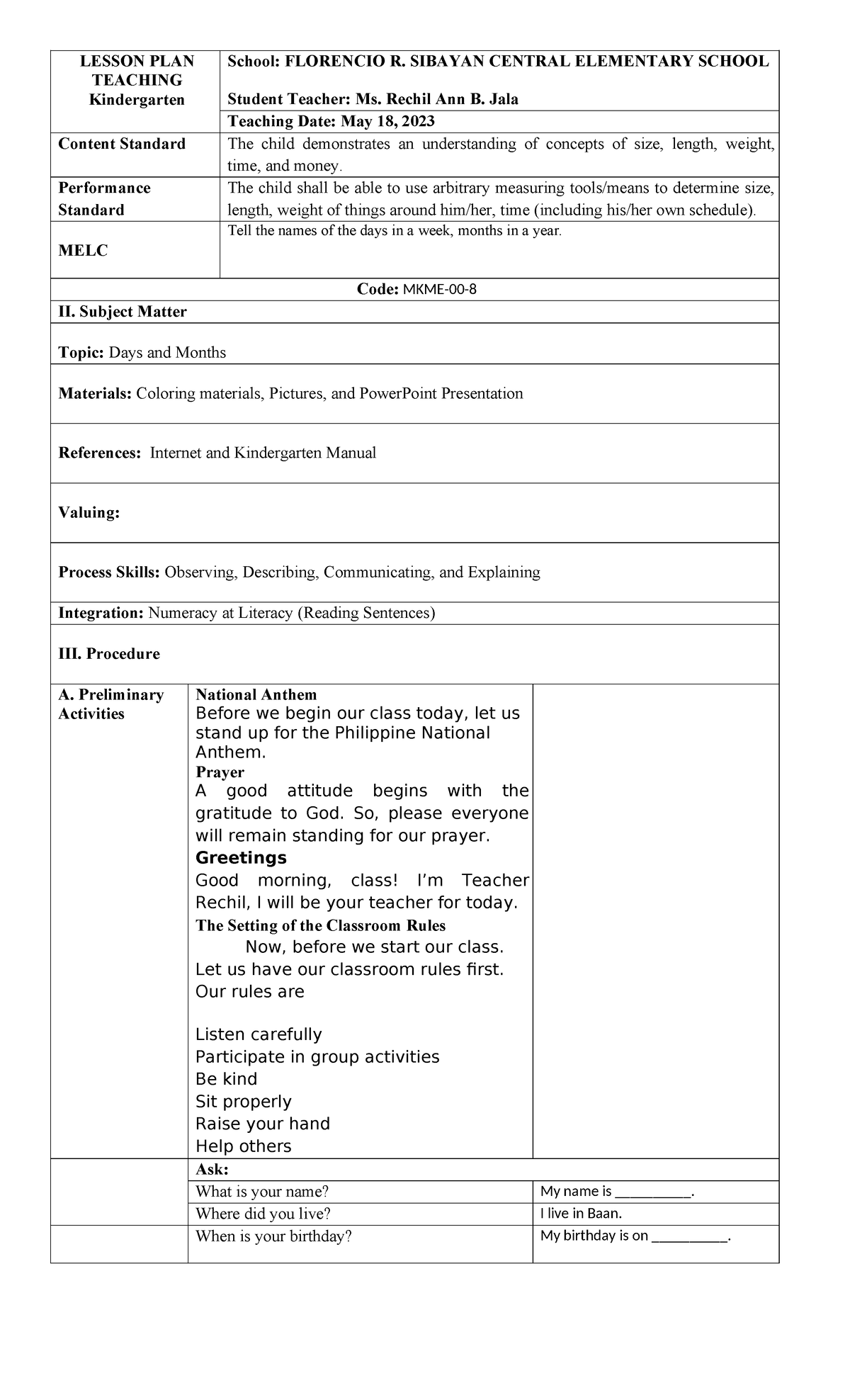 Lesson-PLAN kindergarten - LESSON PLAN TEACHING Kindergarten School ...