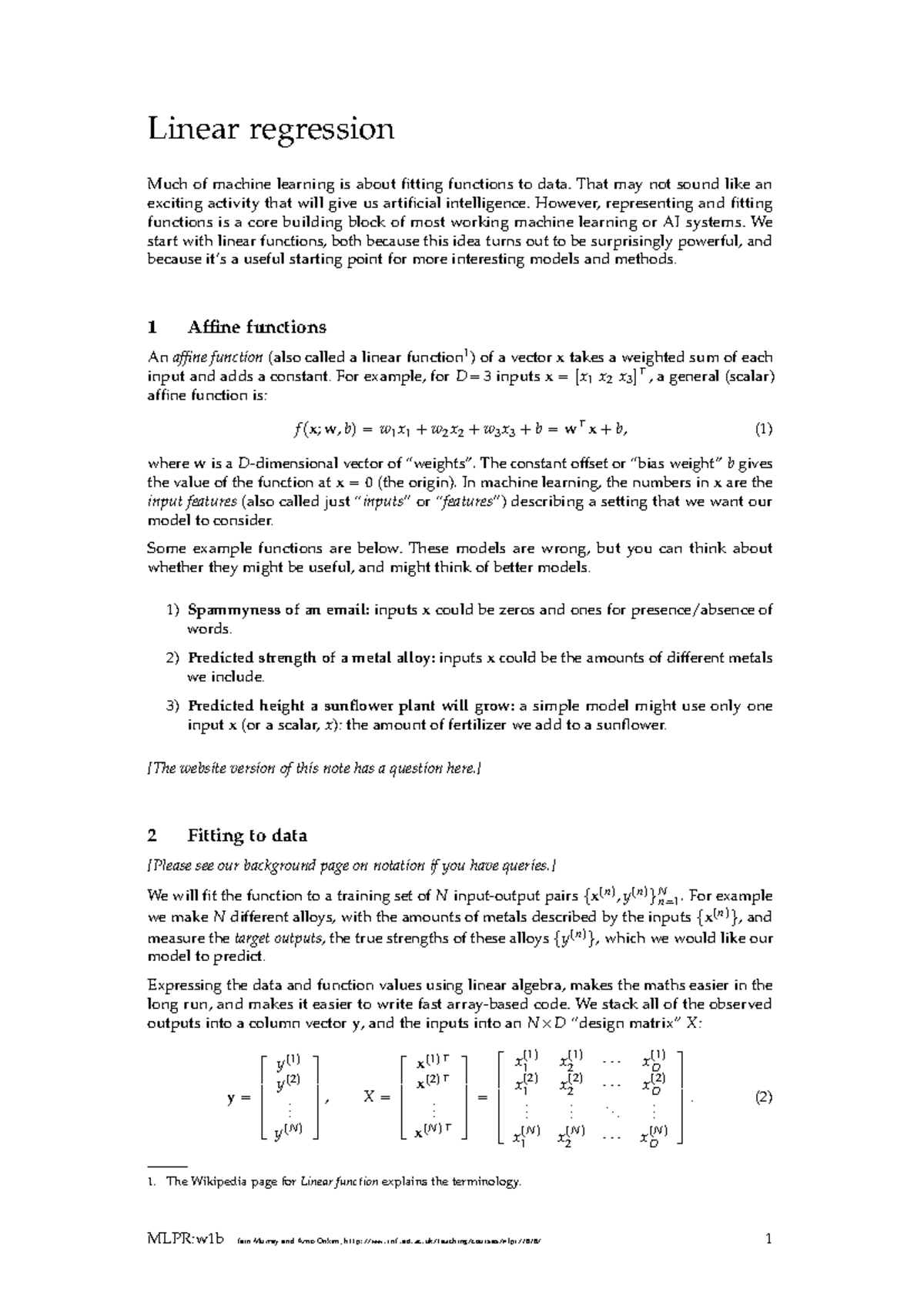 linear regression - Linear regression Much of machine learning is about fitting functions to ...