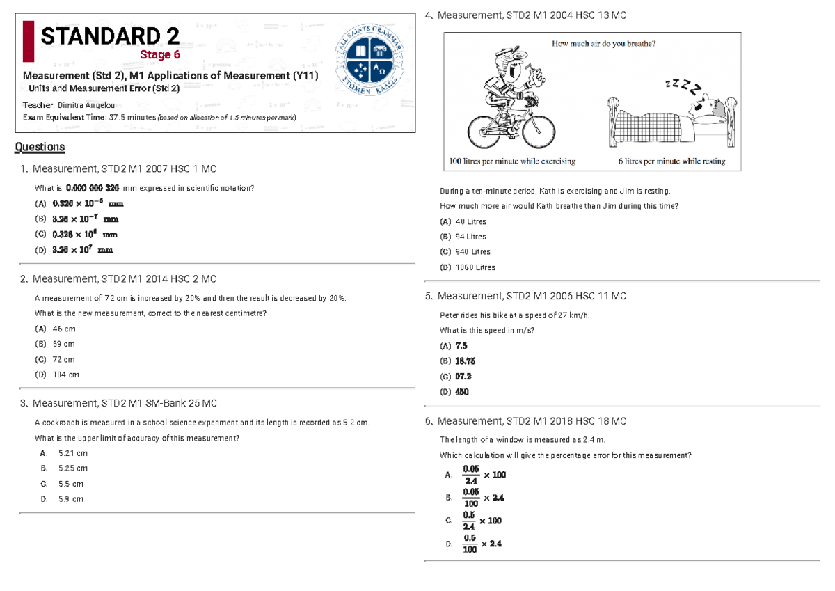 Units and Measurement error - 1. Measurement, STD2 M1 2007 HSC 1 MC 2 ...