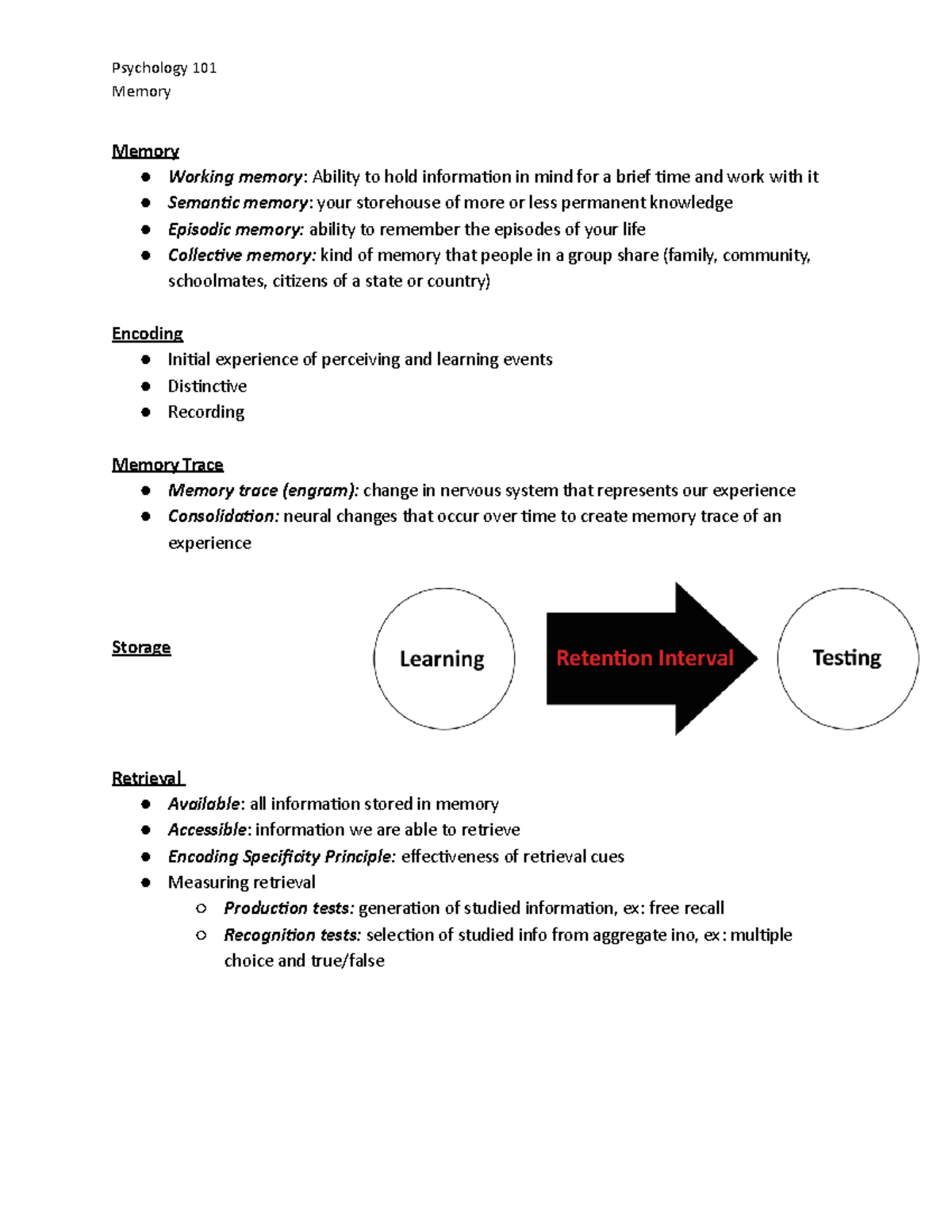 Psy 101 Memory Lecture Notes Winter 23 Psychology 101 Memory Memory Working Memory Ability To