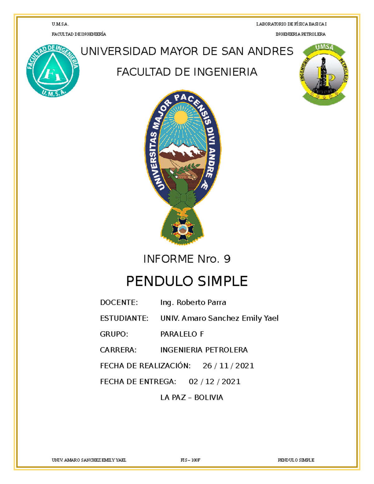 Informe Nº9 Laboratorio - Pendulo Simple Amaro Sanchez Emily YAEL ...