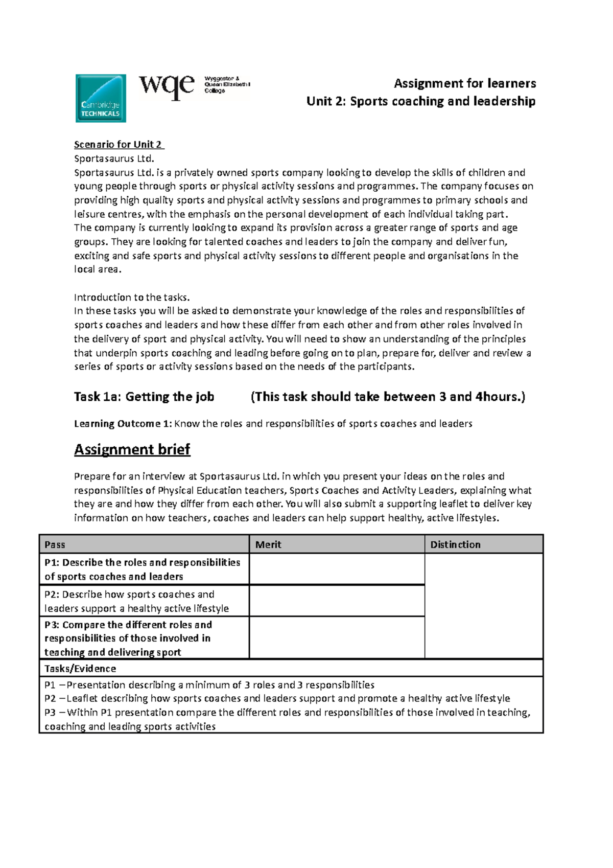 Assignment brief LO1 P1 P2 P3 - Assignment for learners Unit 2: Sports ...