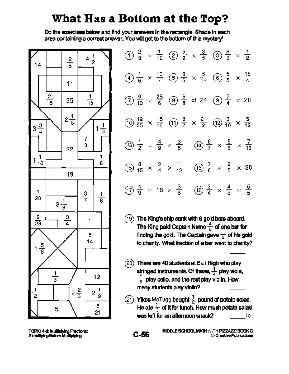 Multiplying fractions puzzle worksheet - What Has a Bottom at the Top ...