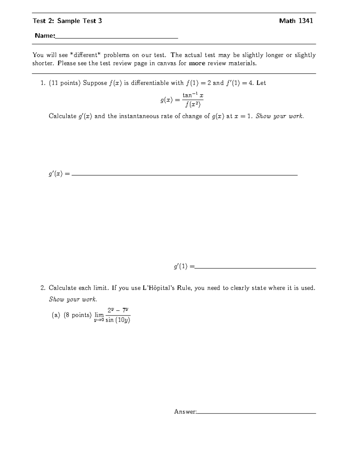 Test2Sample Test 3 - Sample test from Spring 2022 - Test 2: Sample Test ...