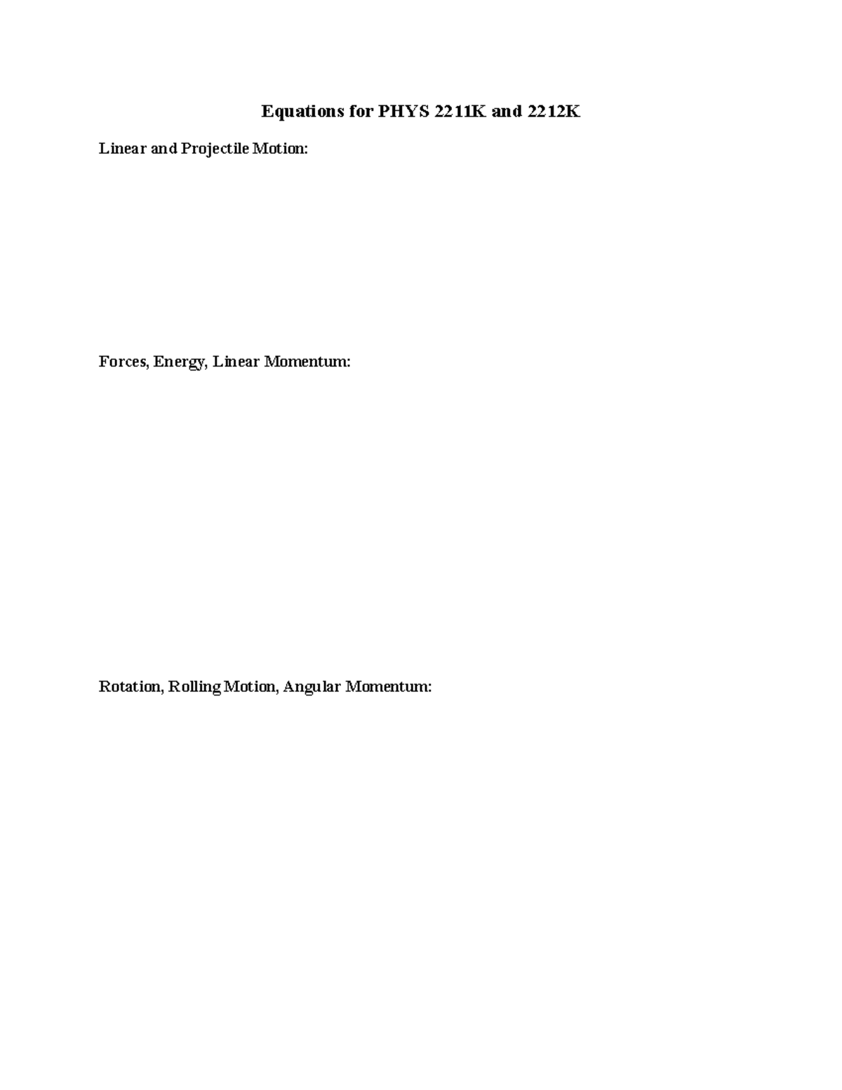Equations Sheet for PHYS 2211 and 2212 - Equations for PHYS 2211K and ...