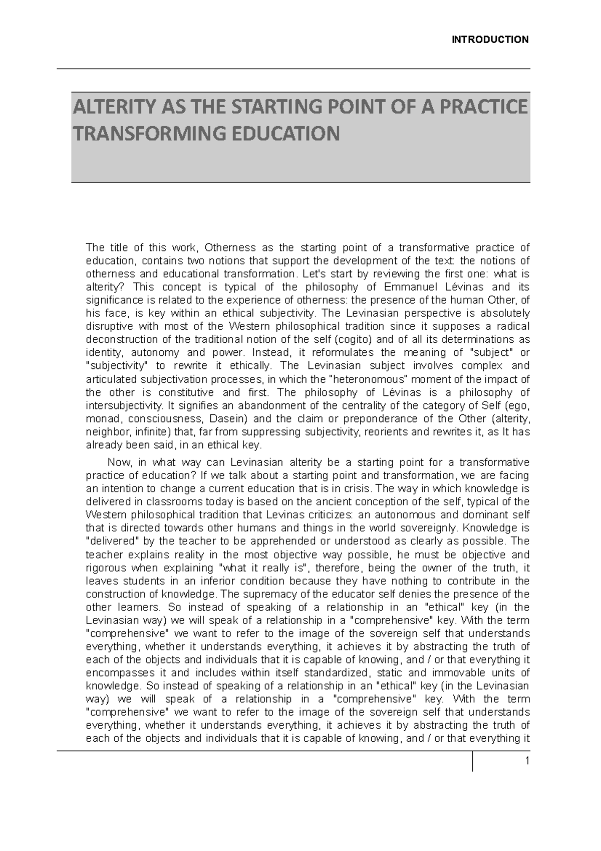 Alterity AS THE Starting Point OF A Practice Transforming Education ...