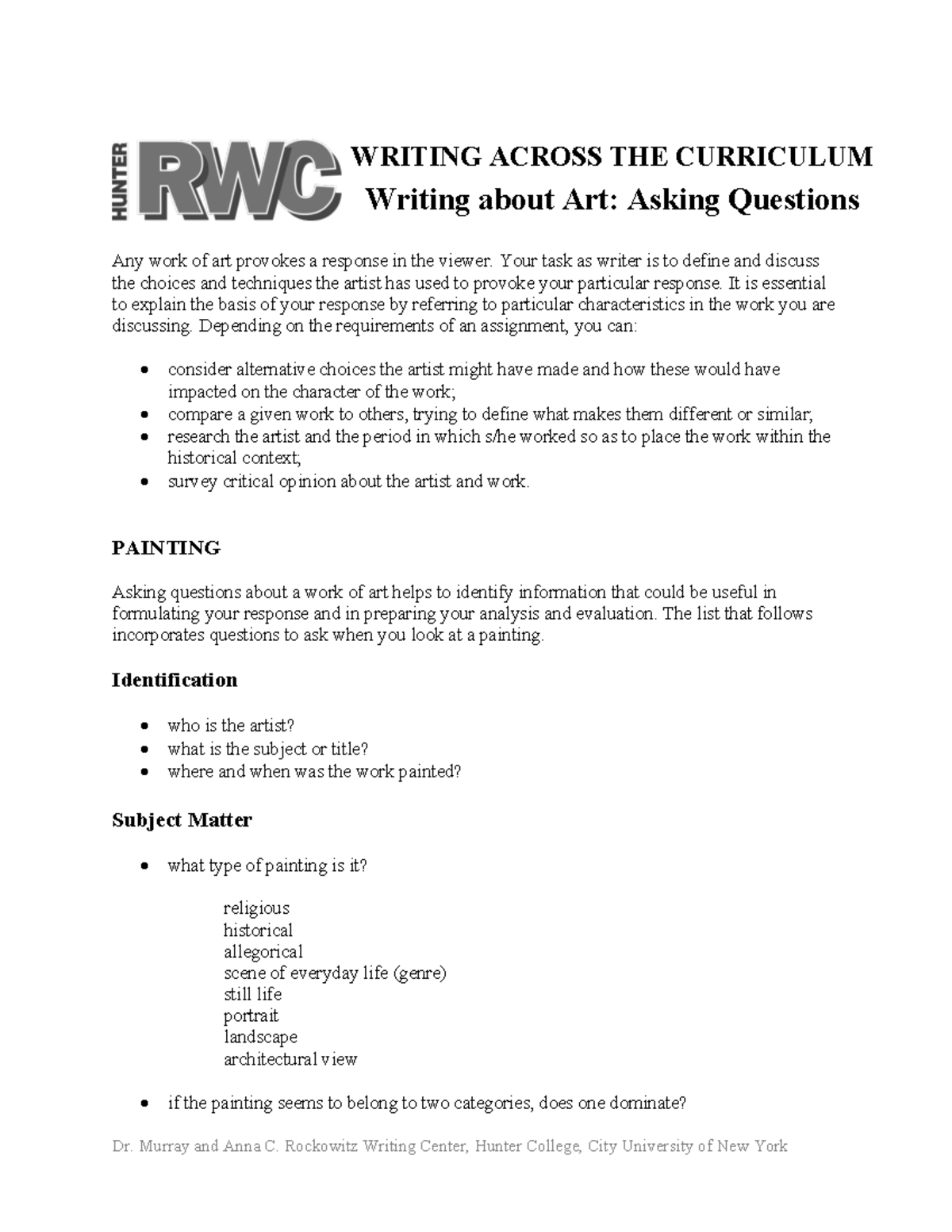 Writing About Art- Asking Questions - WRITING ACROSS THE CURRICULUM ...