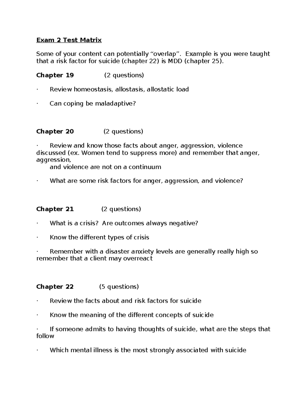 Exam 2 matrix - Exam 2 Test Matrix Some of your content can potentially ...