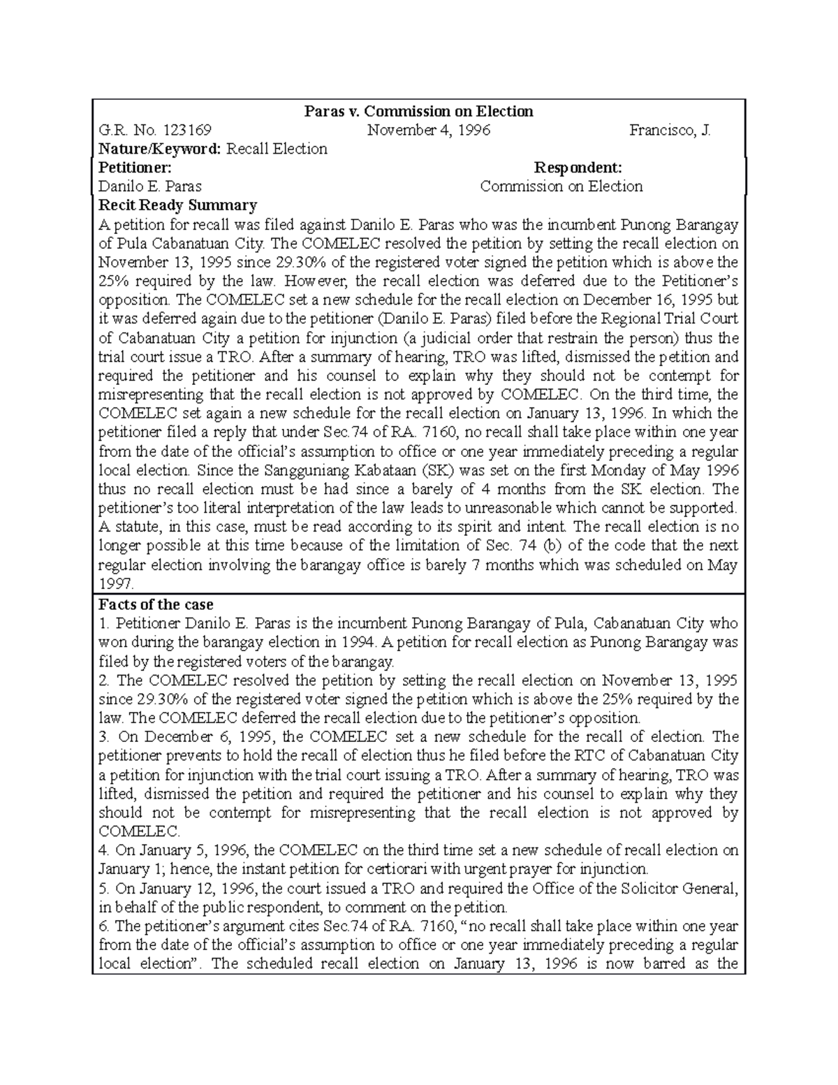 Paras v comelec - digest - Paras v. Commission on Election G. No ...