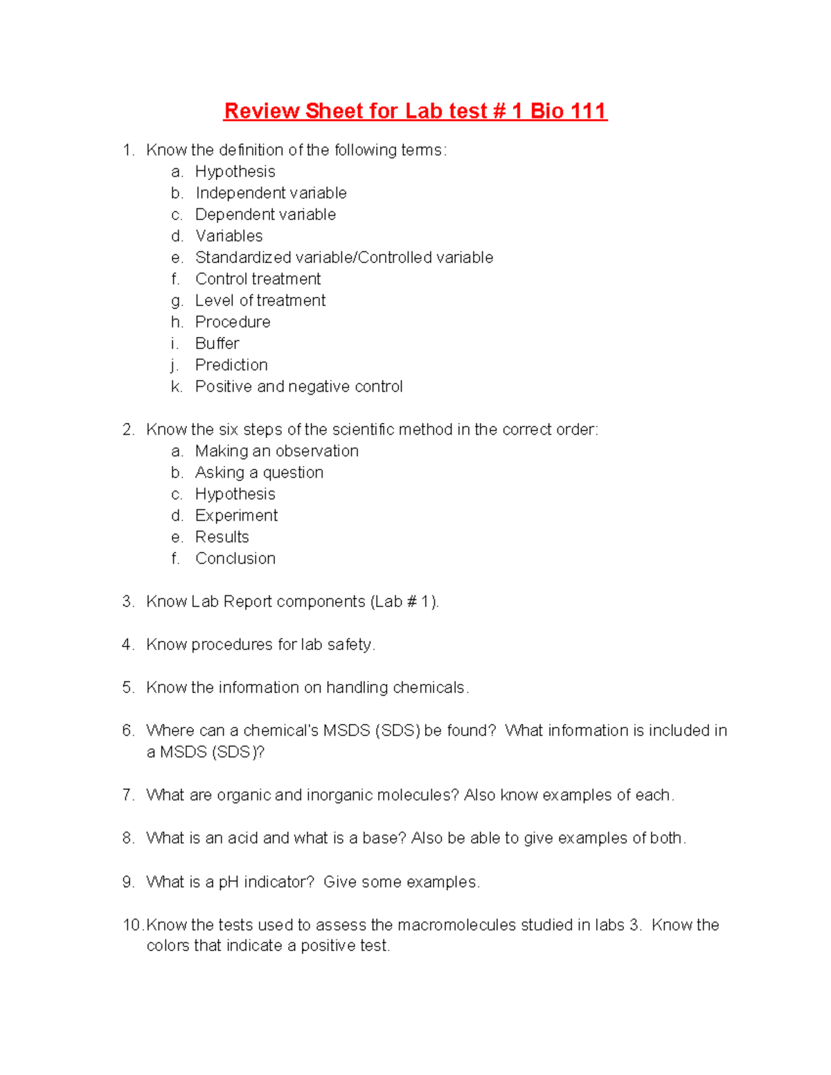Review Sheet Lab Test # 1 - Review Sheet for Lab test # 1 Bio 111 Know ...