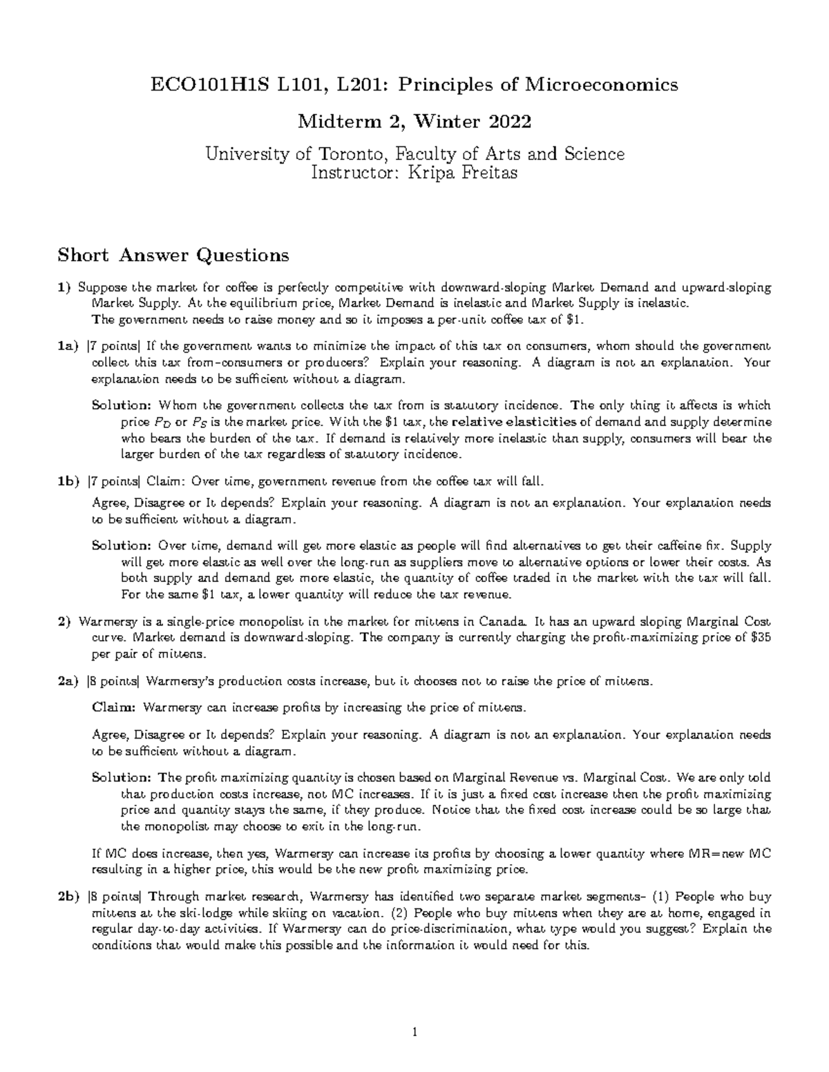 ECO101 Winter 2022 Midterm 2 Short Answer Questions and Solutions - ECO101H1S L101, L201 ...