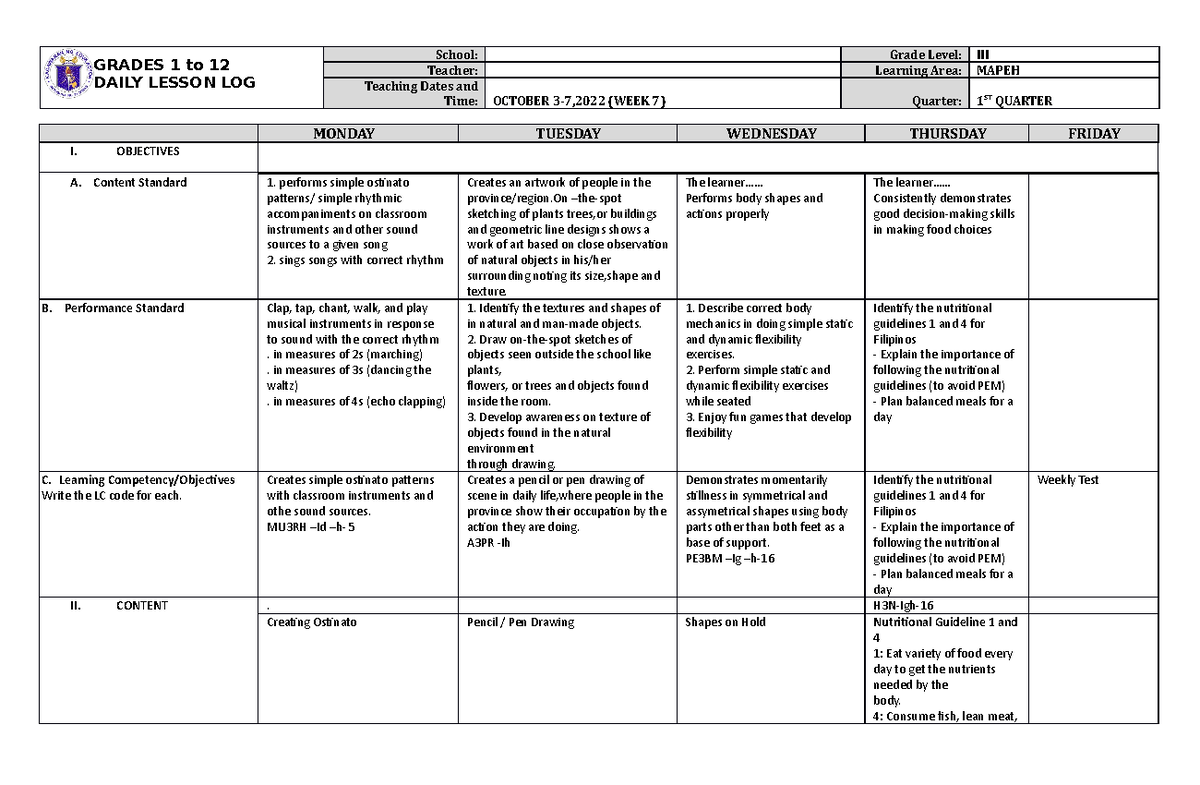 DLL Mapeh-3 Q1 W7 - for information - GRADES 1 to 12 DAILY LESSON LOG ...