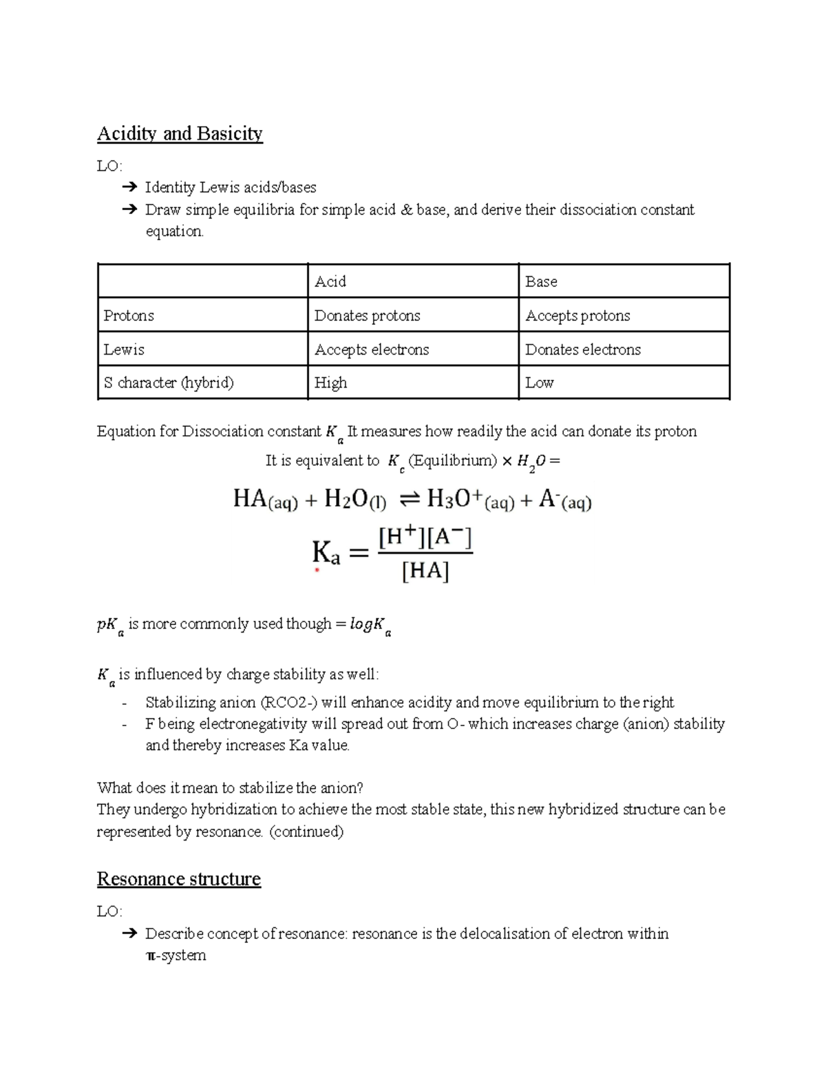 Acidity and Basicity Notes - Acidity and Basicity LO: Identity Lewis ...
