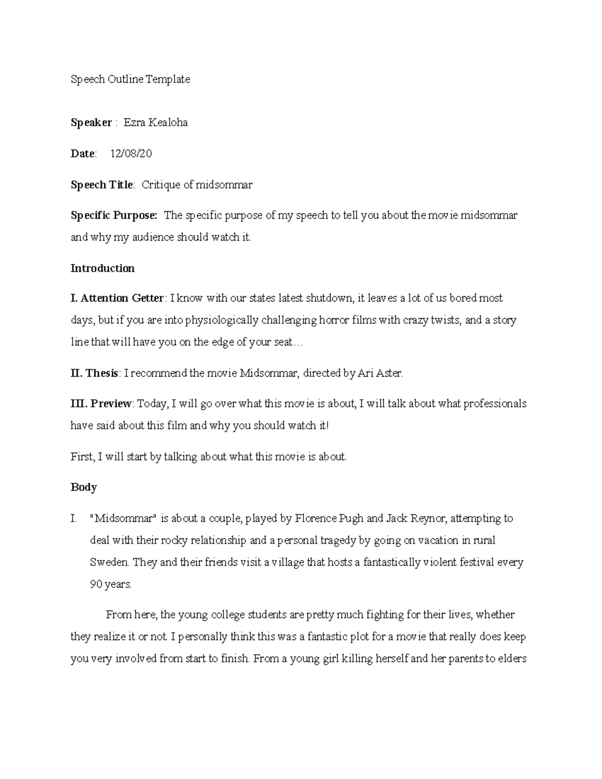Critique Speech - I got an A - Speech Outline Template Speaker : Ezra ...