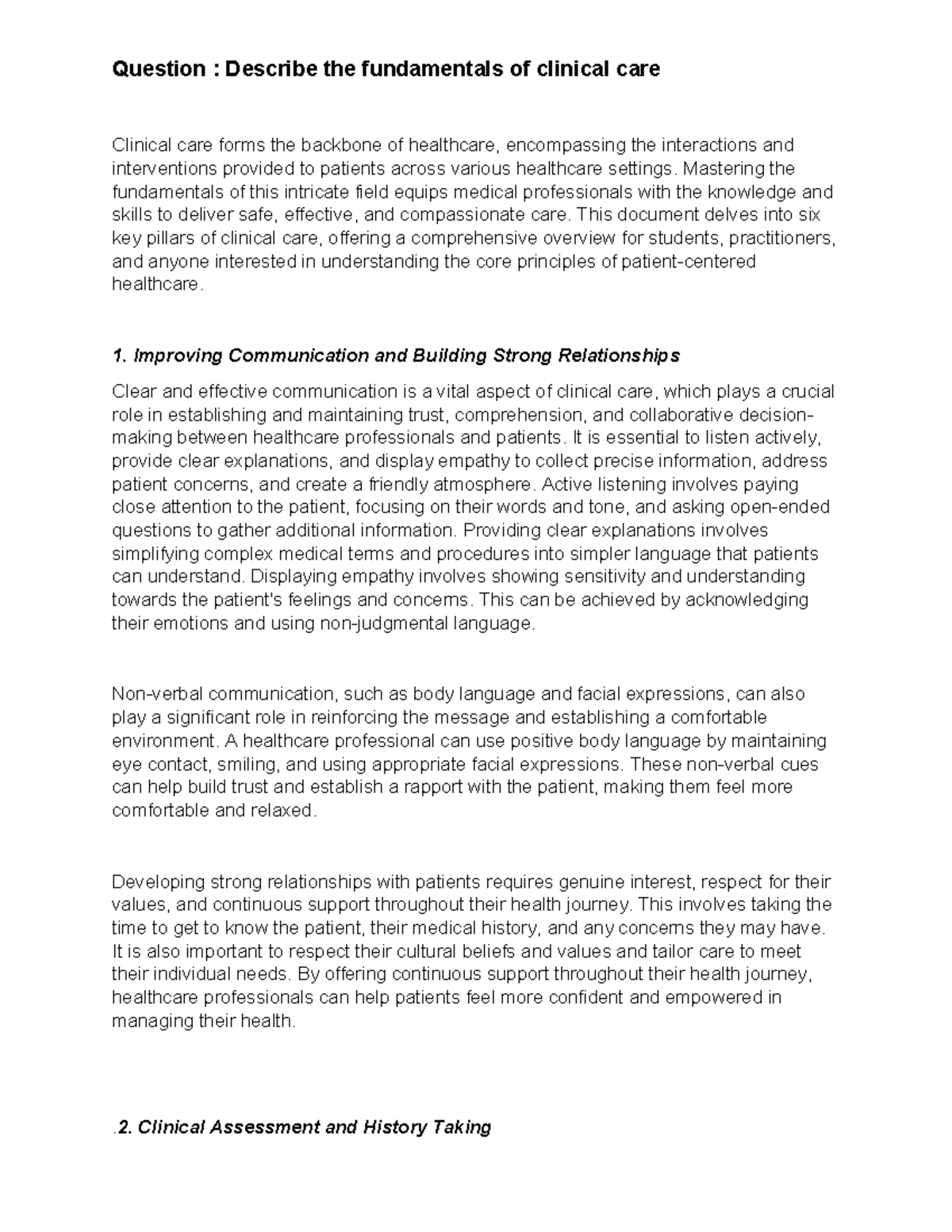 Fundamentals OF Clinical CARE - Question : Describe the fundamentals of ...