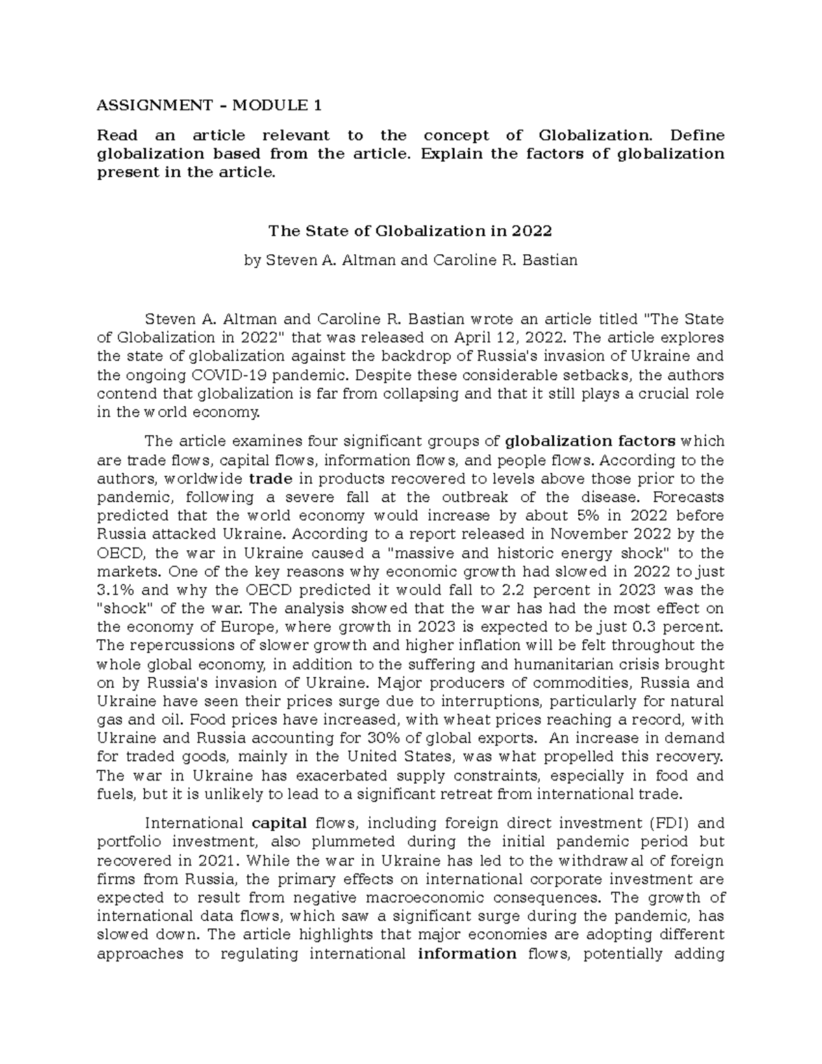 Assignment – Module 1 - ASSIGNMENT – MODULE 1 Read an article relevant ...