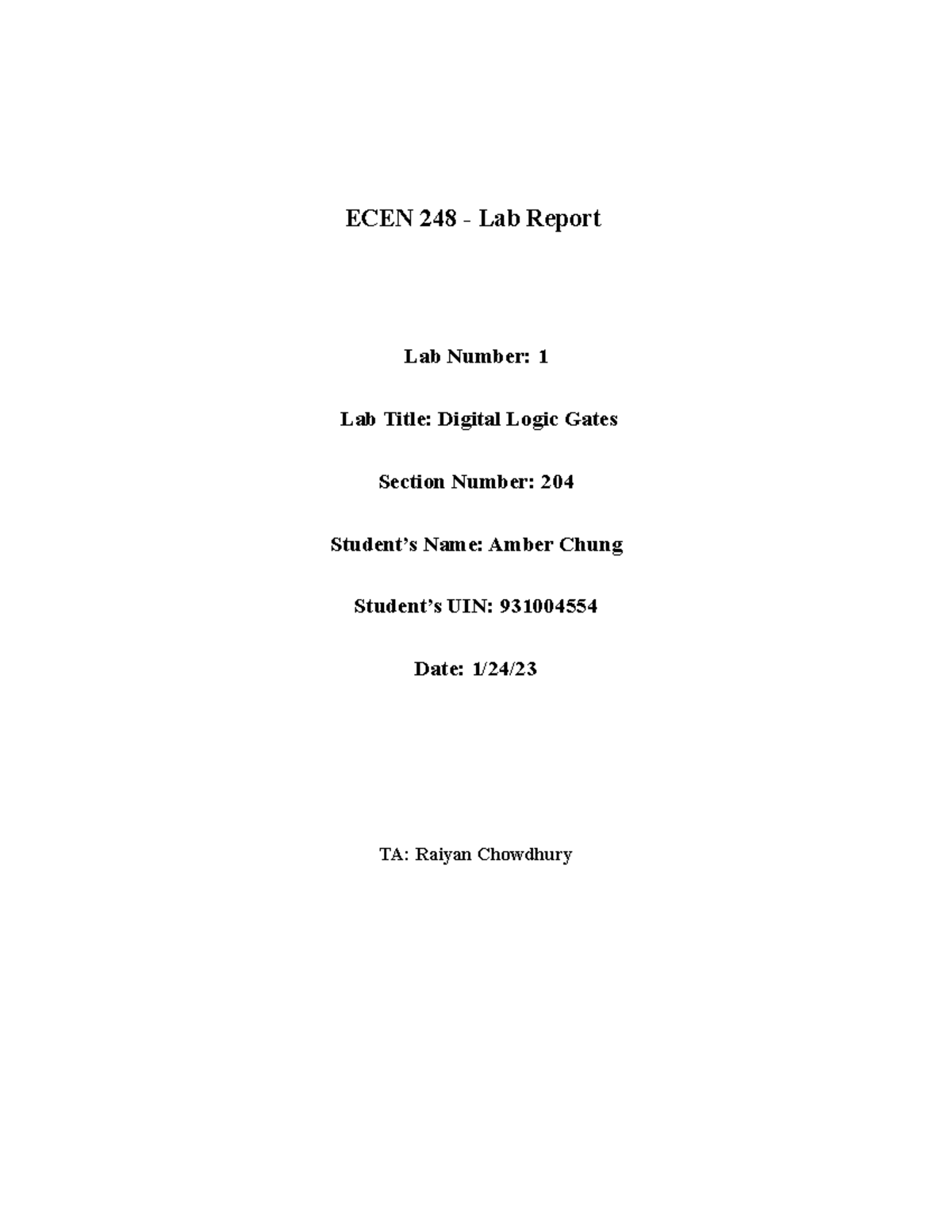 Post Lab Report 1 - Lab work - ECEN 248 - Lab Report Lab Number: 1 Lab ...