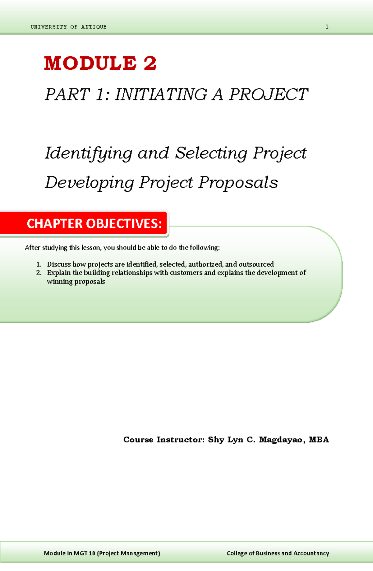 MGT 10 Chapter 2 - None - MODULE 2 PART 1: INITIATING A PROJECT ...