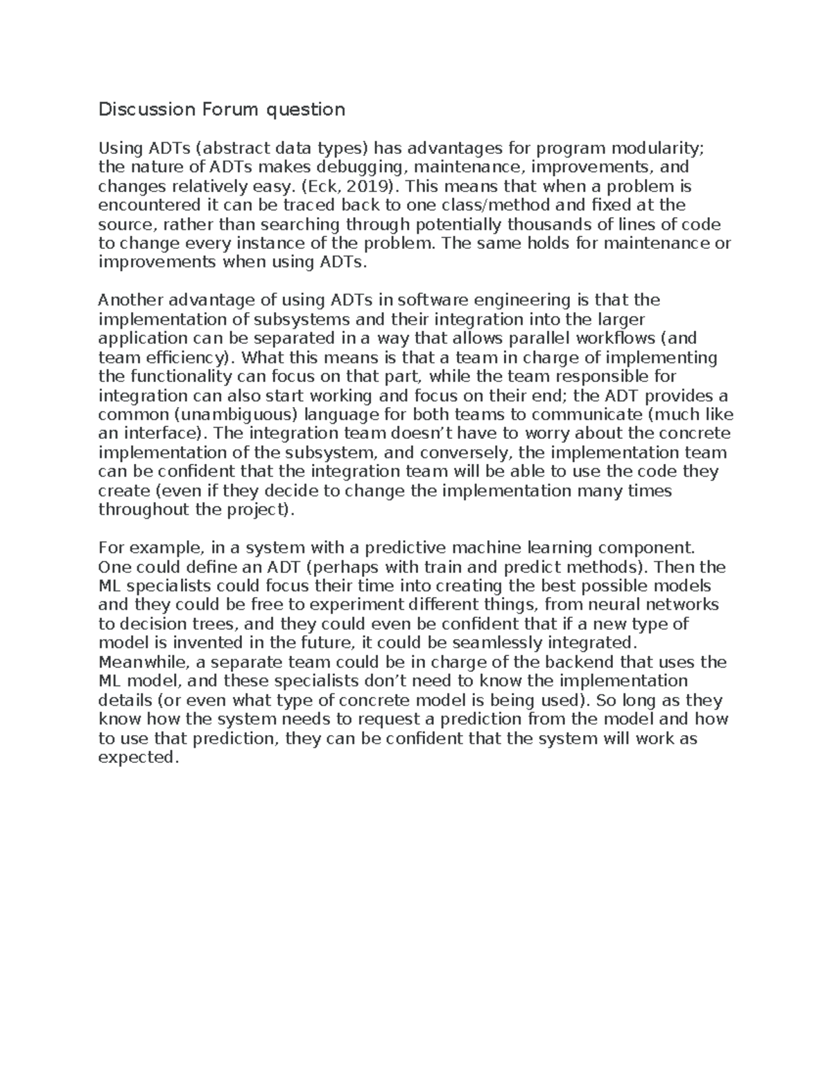 Discussion Post Week 3 - Discussion Forum question Using ADTs (abstract ...