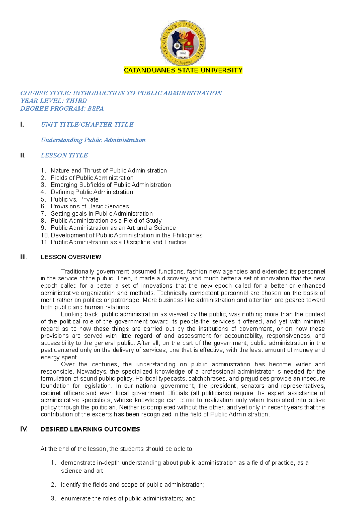 Introductrion to Public Administration - COURSE TITLE: INTRODUCTION TO ...