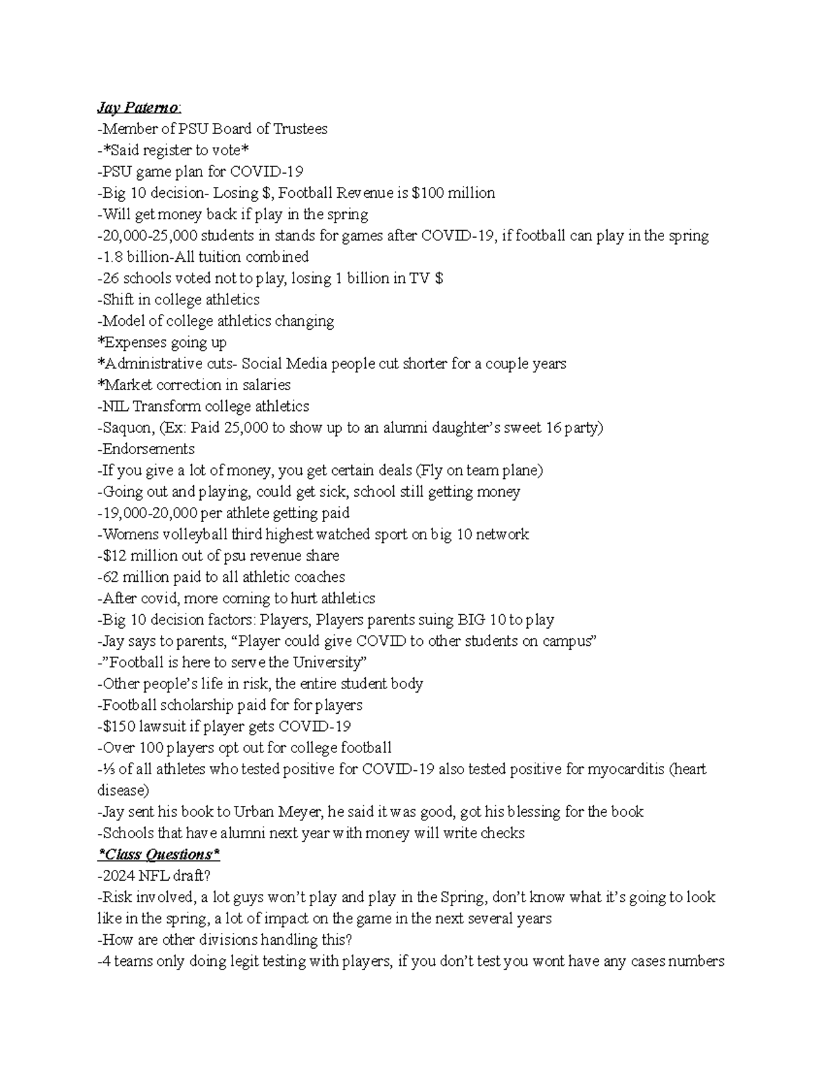 Sports guest speaker - Jay Paterno: -Member of PSU Board of Trustees ...