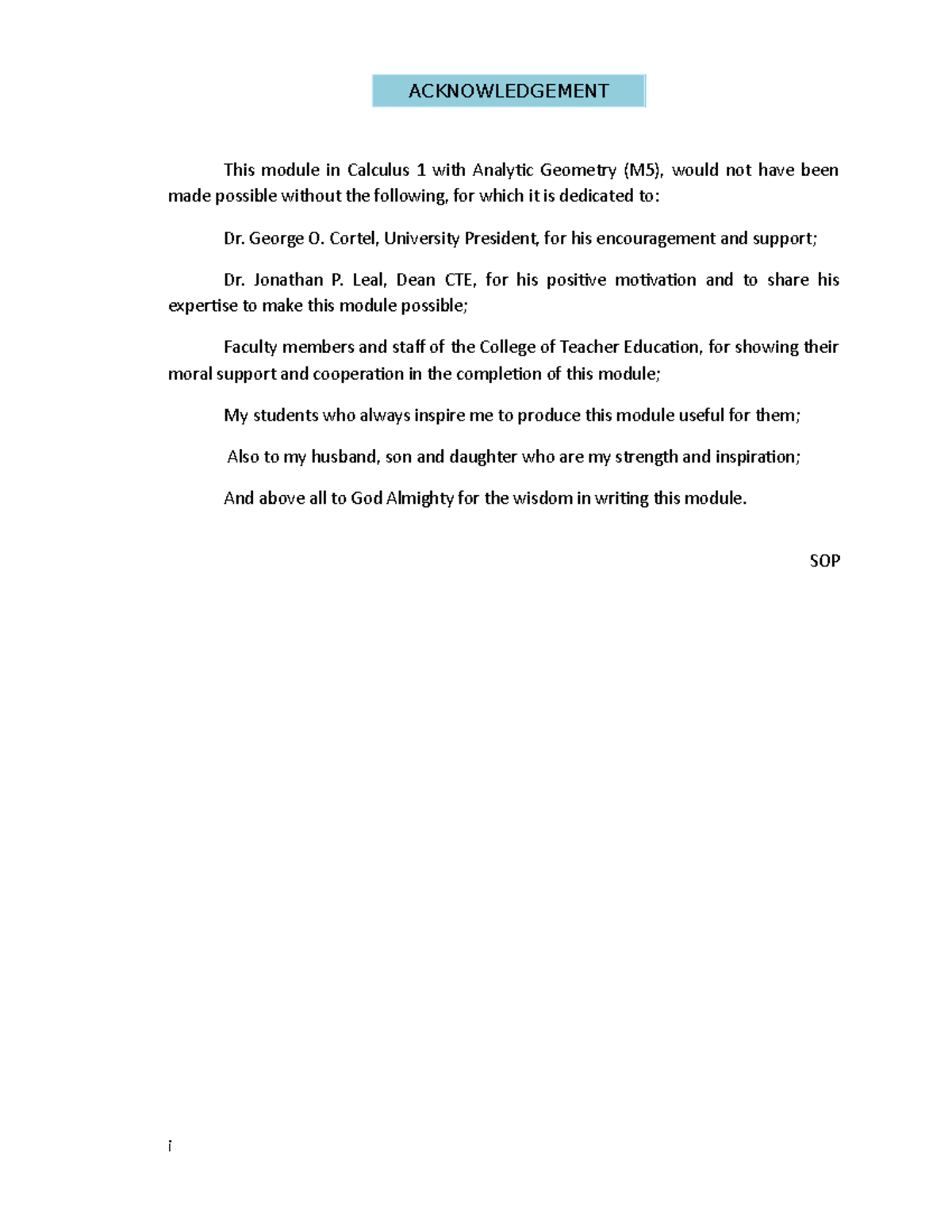 Acknowledgement - Answer - Acknowledgment This module in Calculus 1 ...