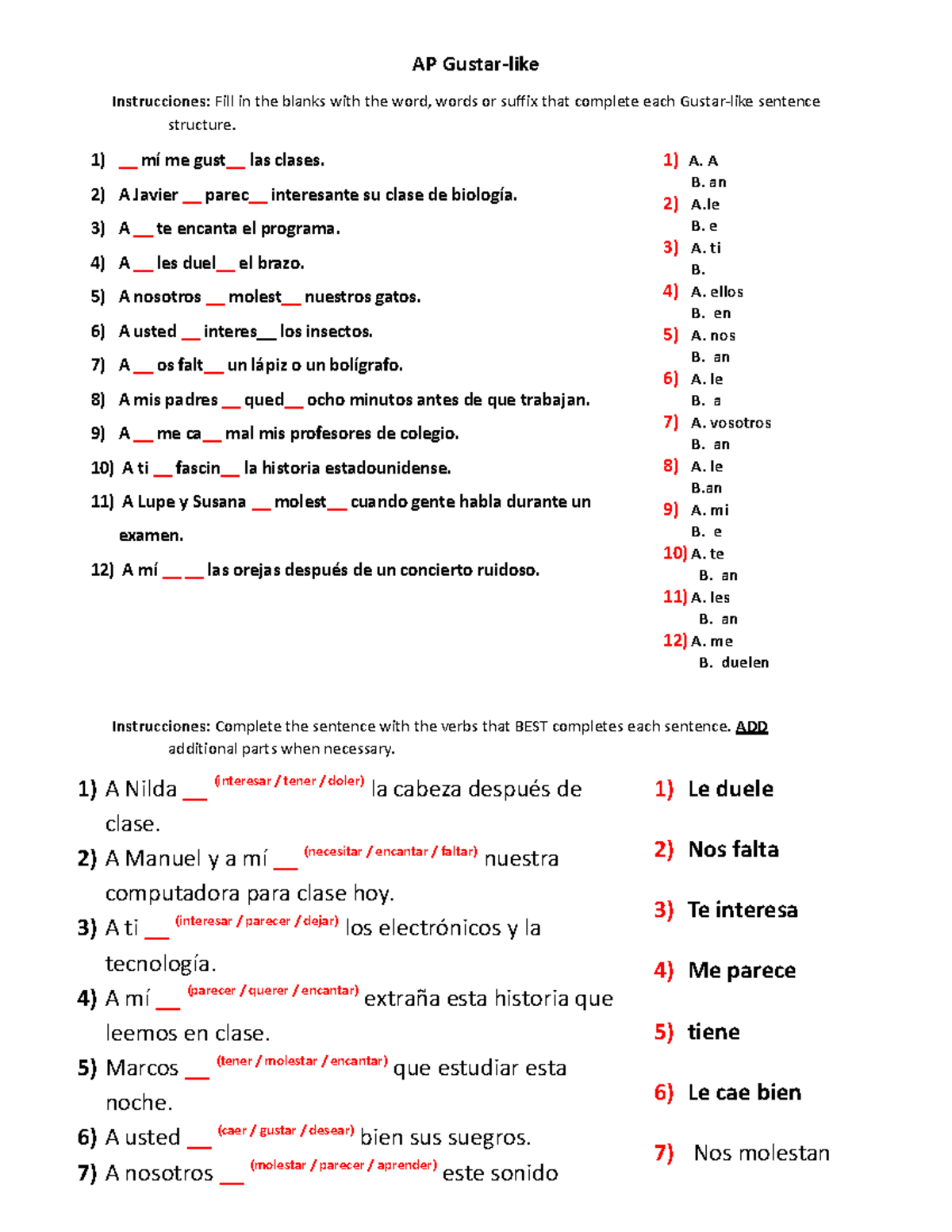 AP gustar notes schoology - AP Gustar-like Instrucciones: Fill in the ...