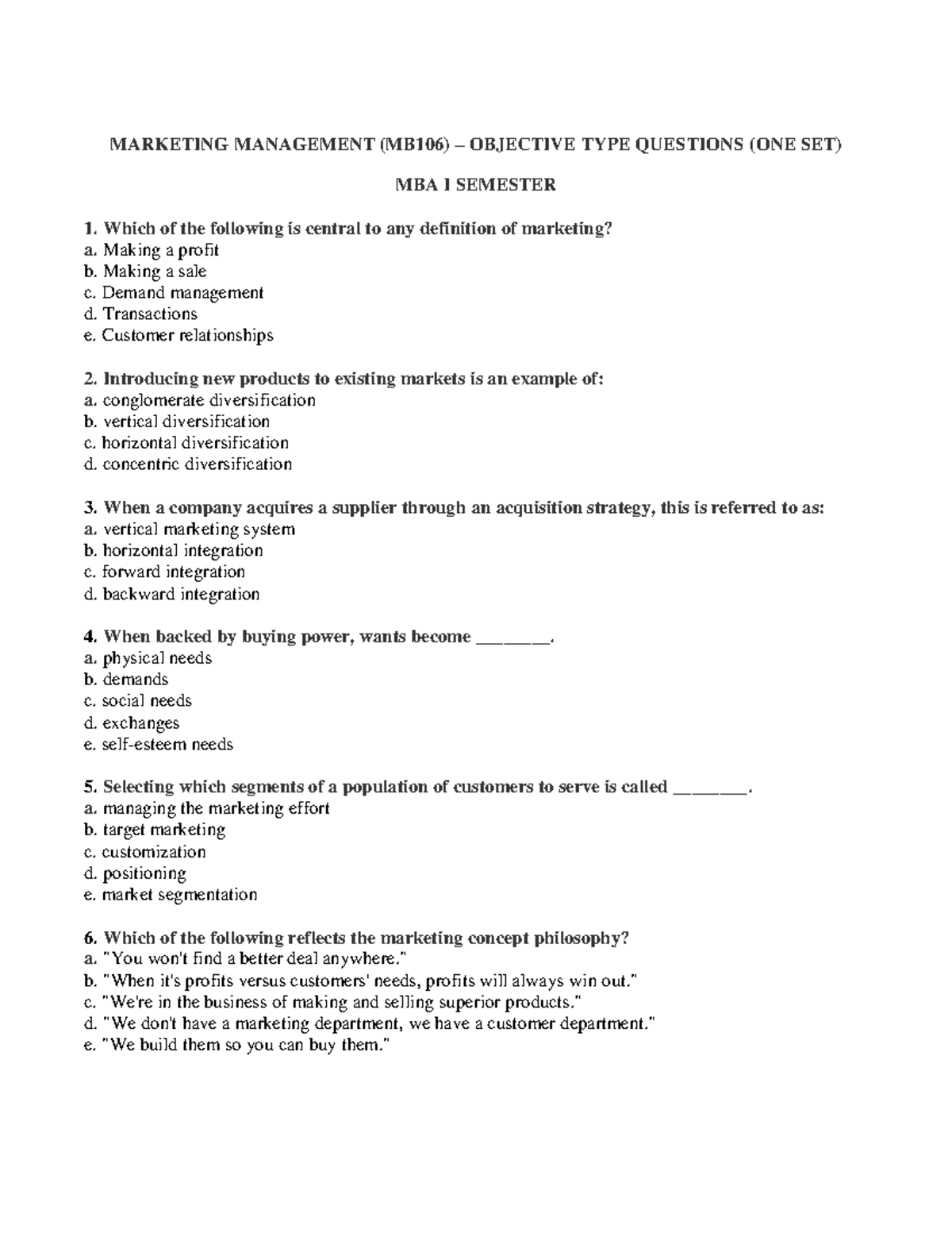 Exam 1 September, questions and answers - MARKETING MANAGEMENT (MB106 ...