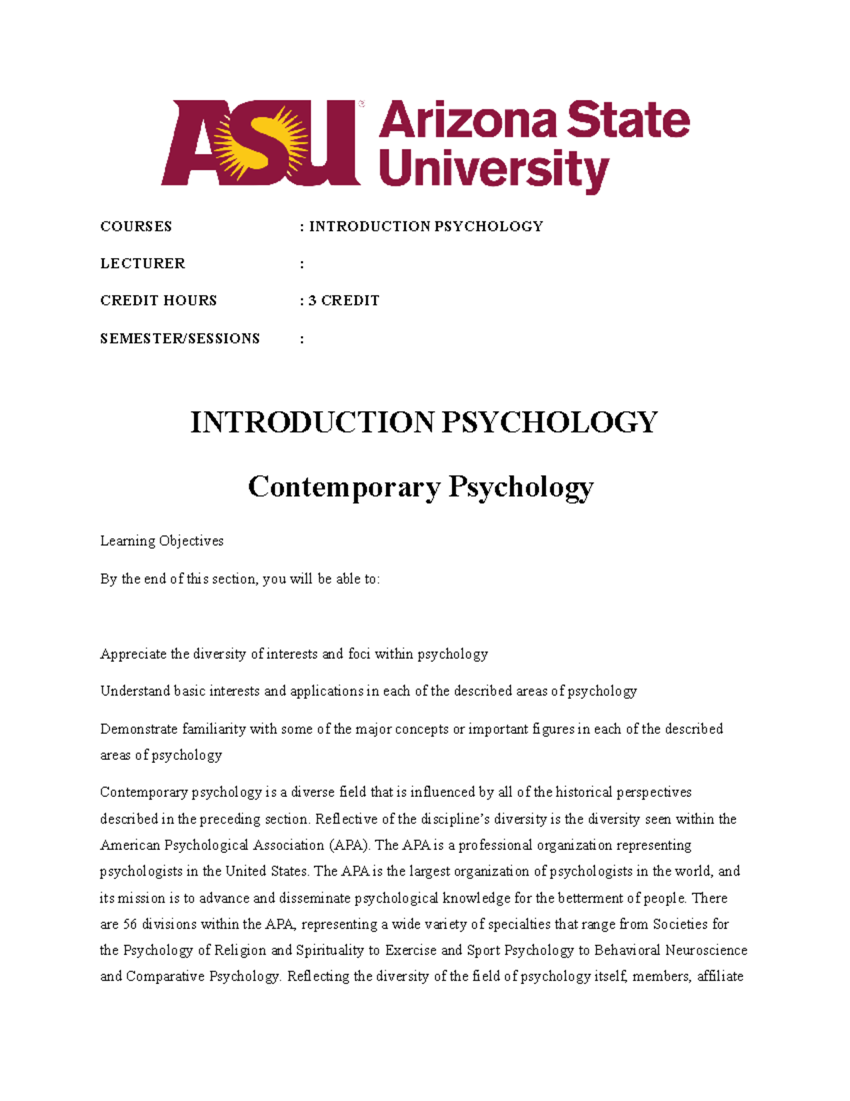 Contemporary Psychology - COURSES : INTRODUCTION PSYCHOLOGY LECTURER ...
