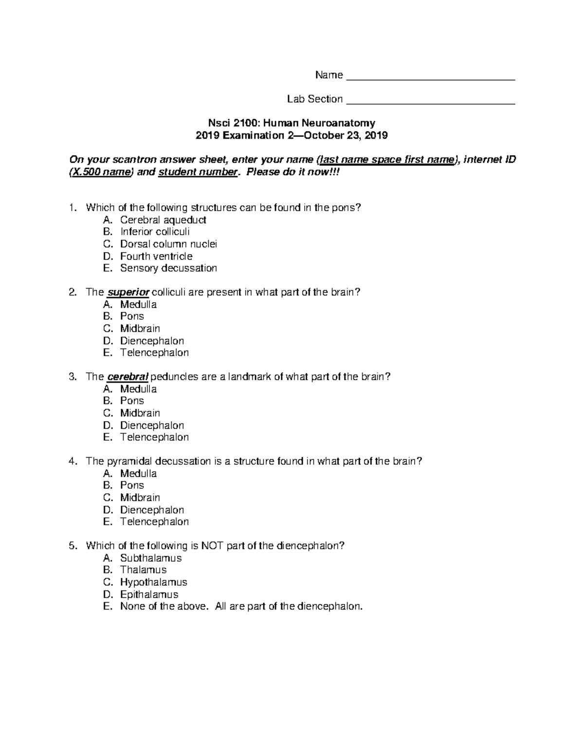 NSci 2101-Exam 2 practice exam - Name _____________________________ Lab ...