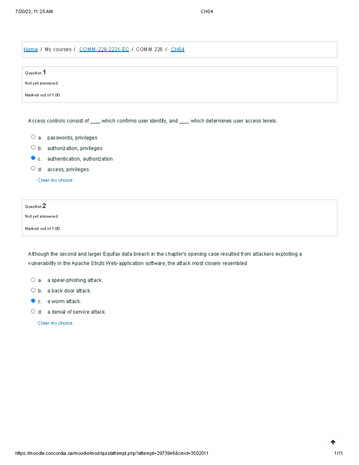 CH04 - Moodle quiz - Home / My courses / COMM-226-2231-EC / COMM 226 / CH Question 1 Not yet ...
