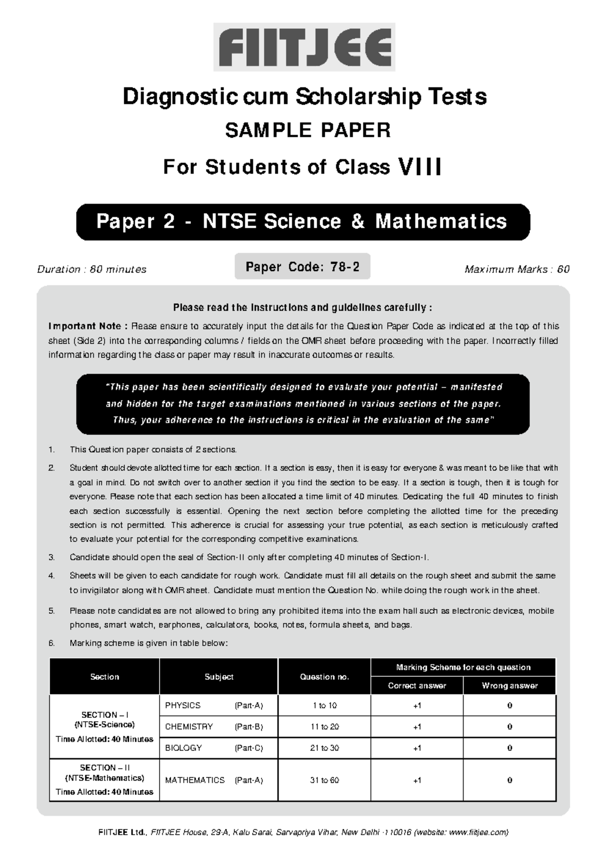 DST-2425- Sample Paper- Class-VIII-P2-NTSE-S&M - Diagnostic cum ...
