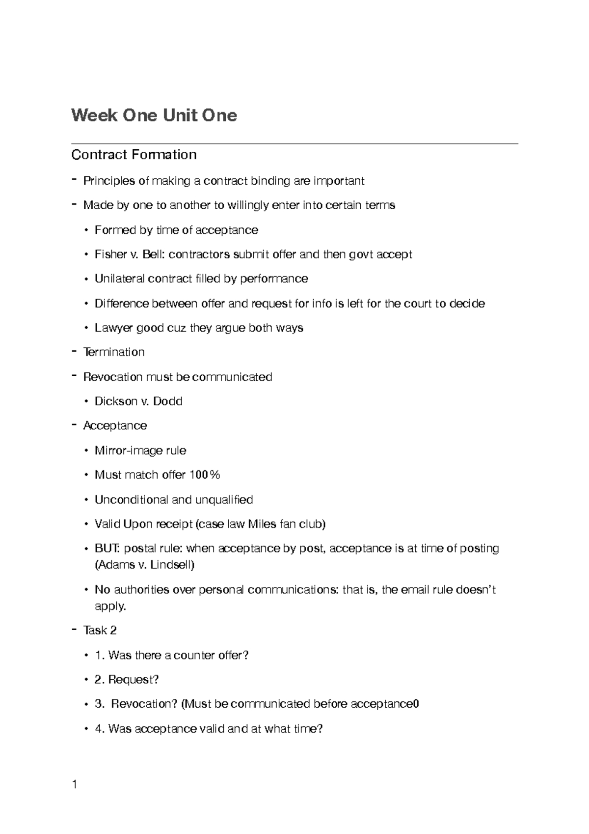 UNIT ONE - Week One Unit One Contract Formation - Principles of making ...
