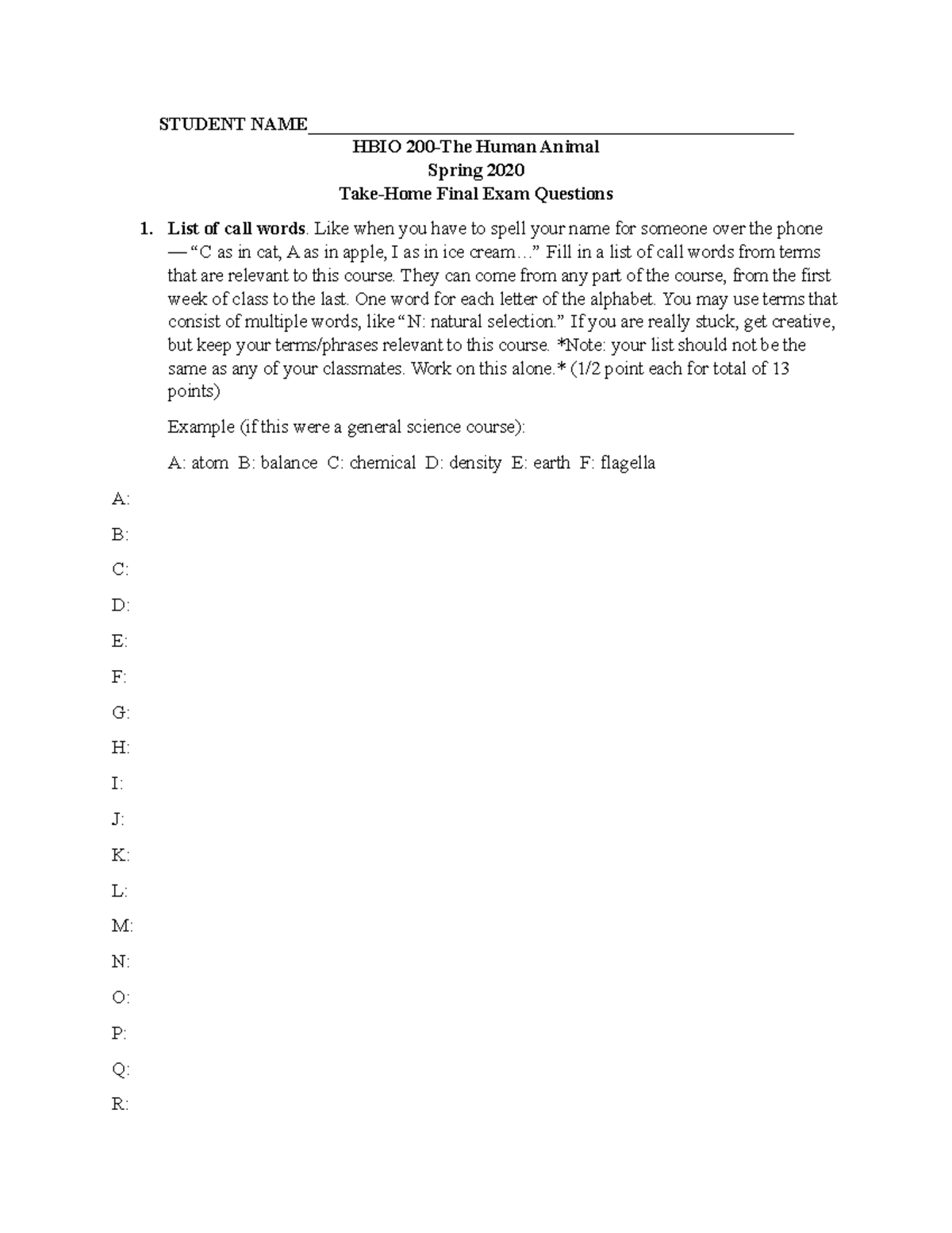 HBIO 200 Exam 3 Take-Home Questions - STUDENT - Studocu
