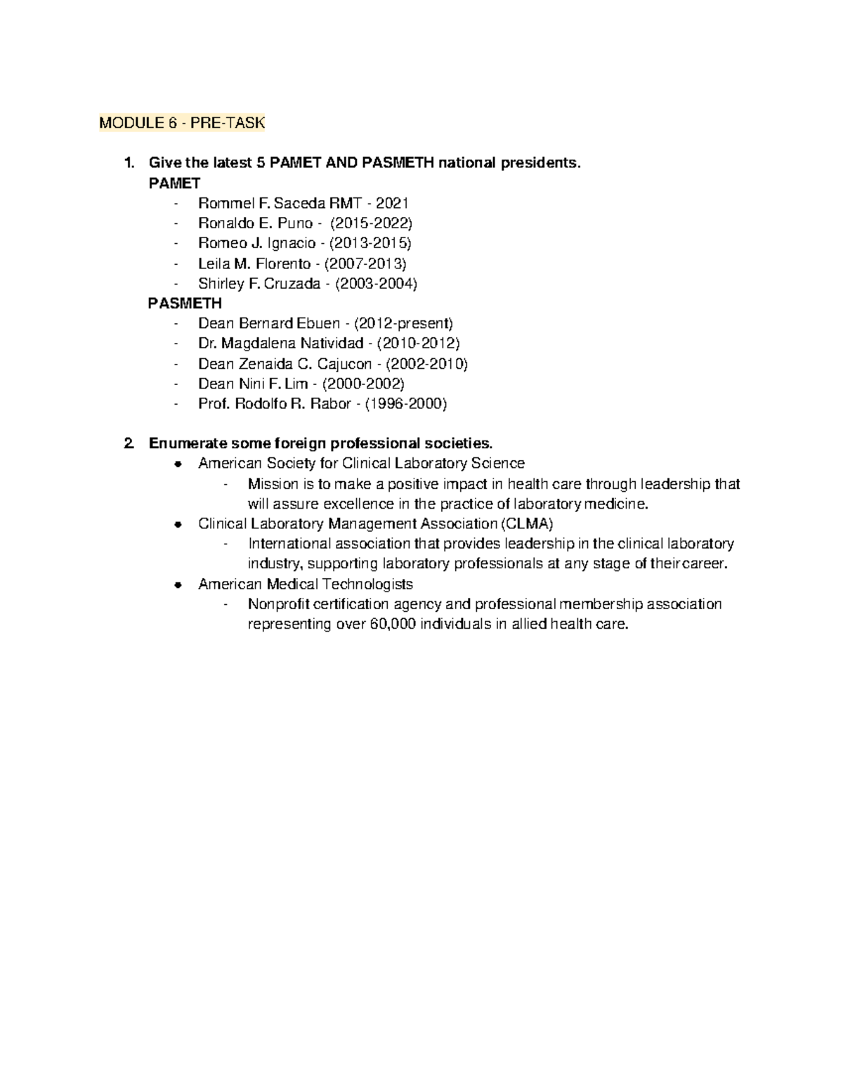 LMG M6 Pretask - PMTP M6 PRE TASK - MODULE 6 - PRE-TASK Give the latest ...