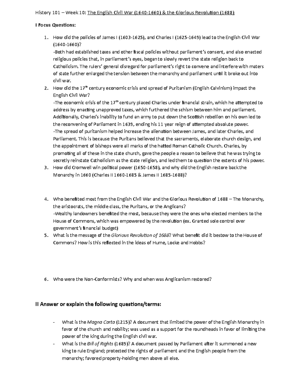 Week 10 focus questions - History 101 – Week 10: The English Civil War ...