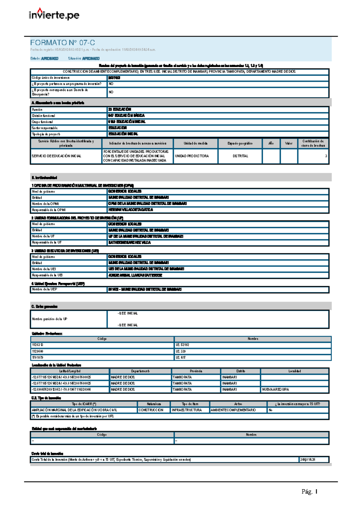 Formato 7c Aulas Complemetarias - Nombre Del Proyecto De Inversión 
